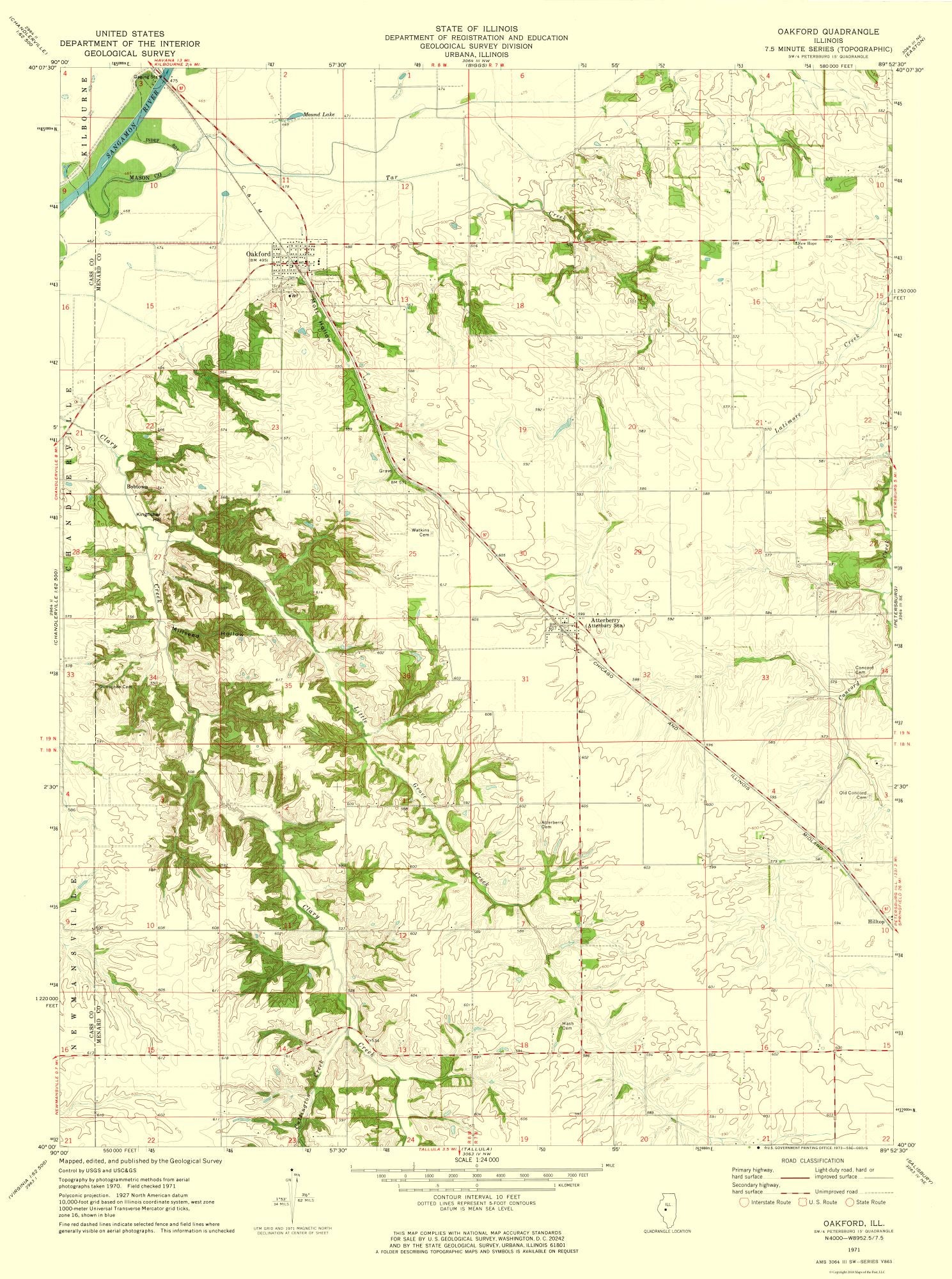 Topographical Map - Oakford Illinois Quad - USGS 1971 - 23 x 30.89 ...