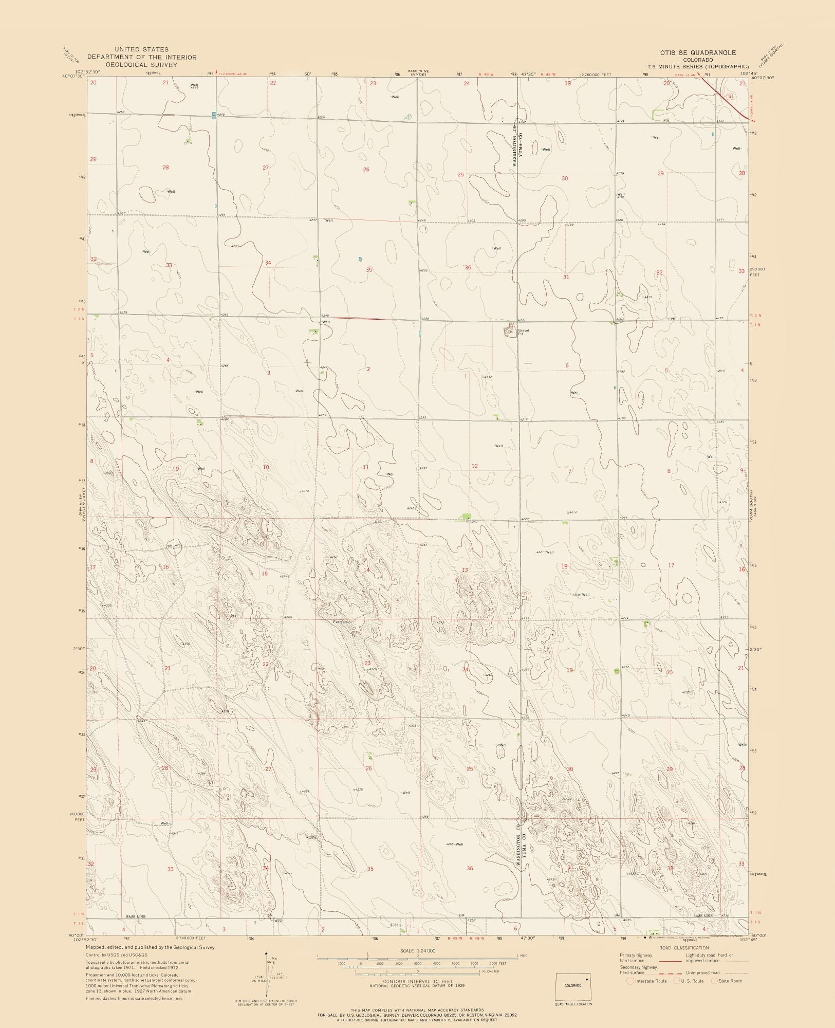 Topographical Map - Otis Southeast Colorado Quad - USGS 1972 - 23 x 28. ...