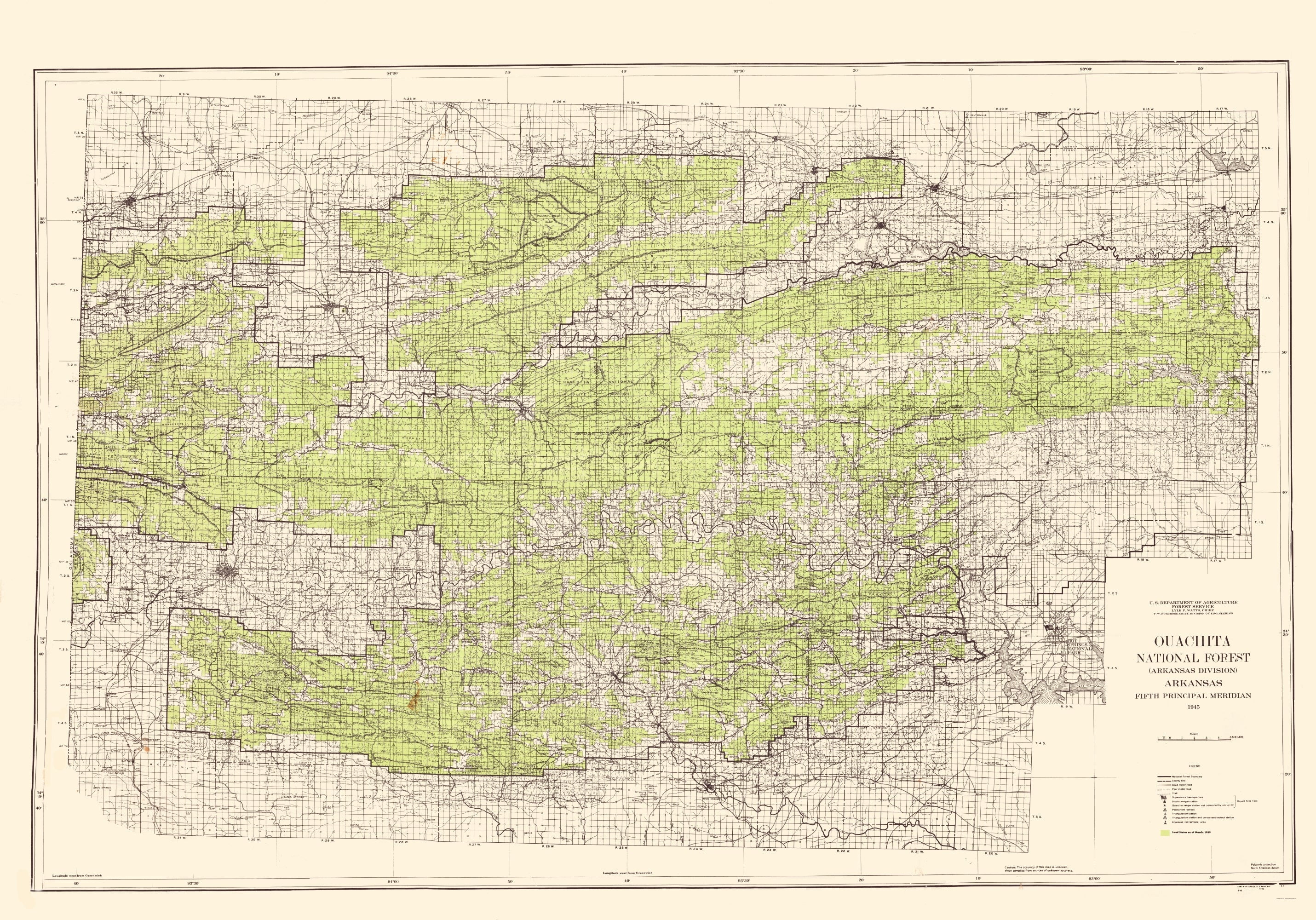 Topographical Map - Ouachita National Forest Arkansas - USGS 1945 - 23 ...