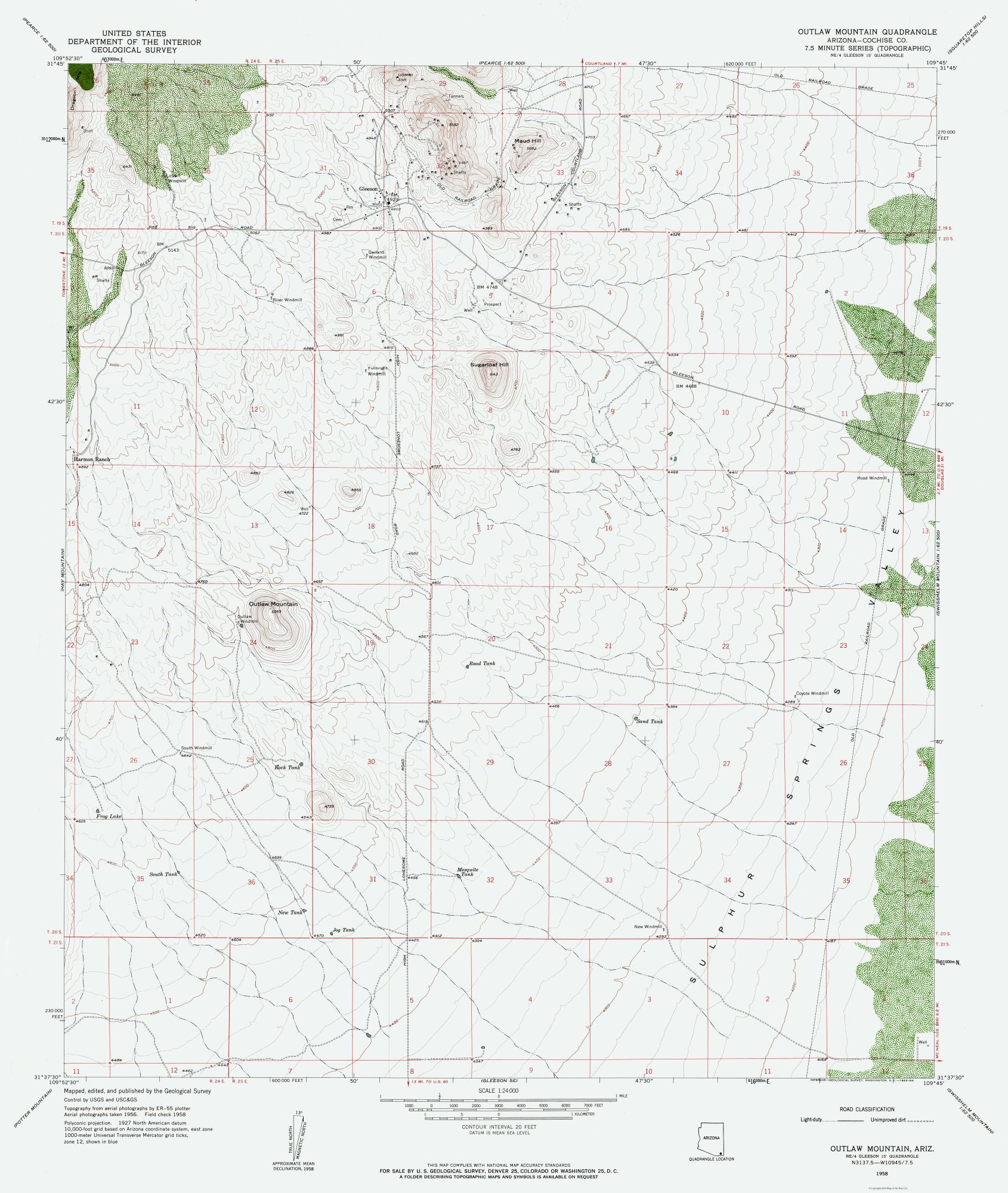 Topographical Map - Outlaw Mountains Arizona Quad - USGS 1958 - 23 x 27 ...
