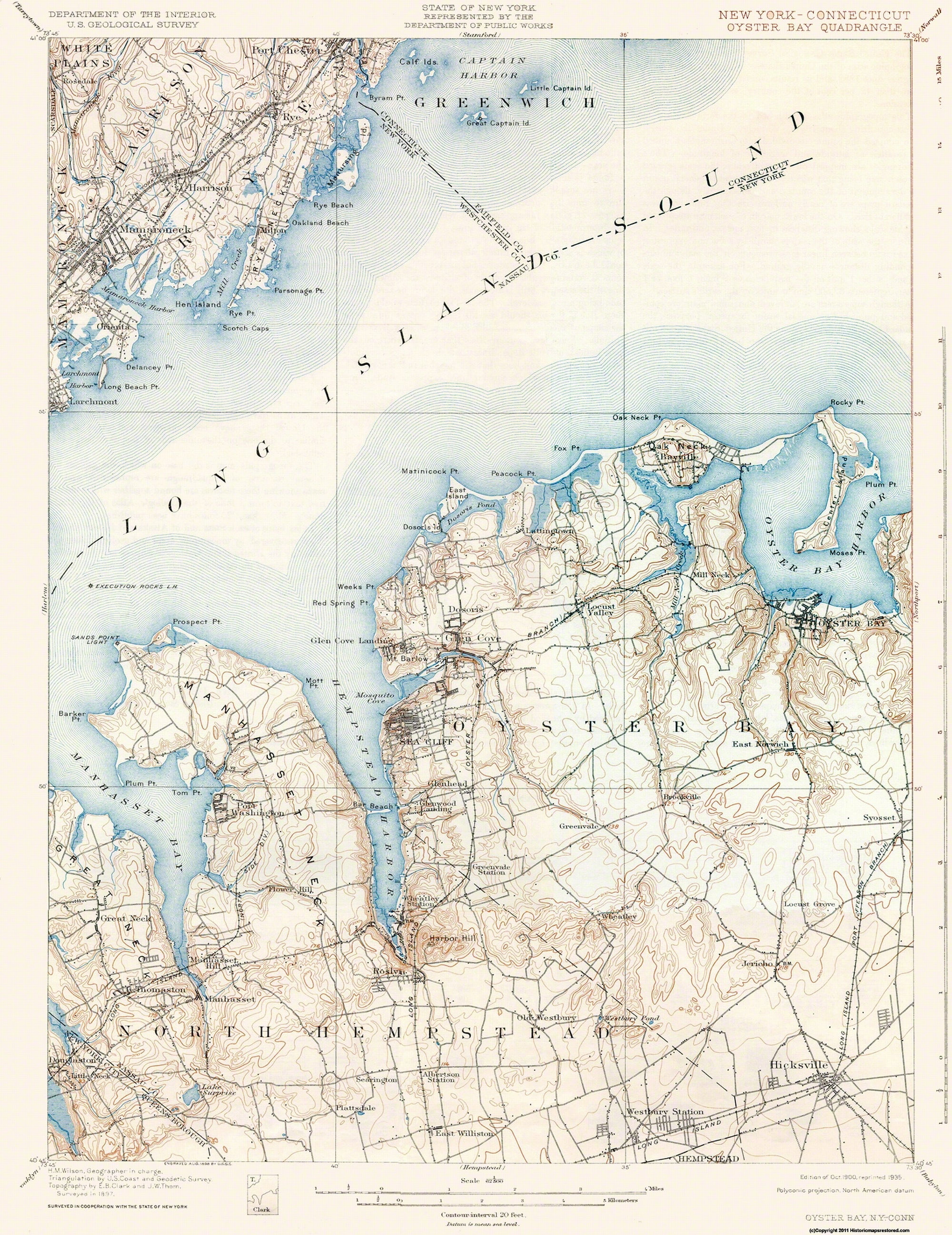 Topographical Map - Oyster Bay New York Conneticut Quad - USGS 1900 - 23 x 29.83 - Vintage Wall ...