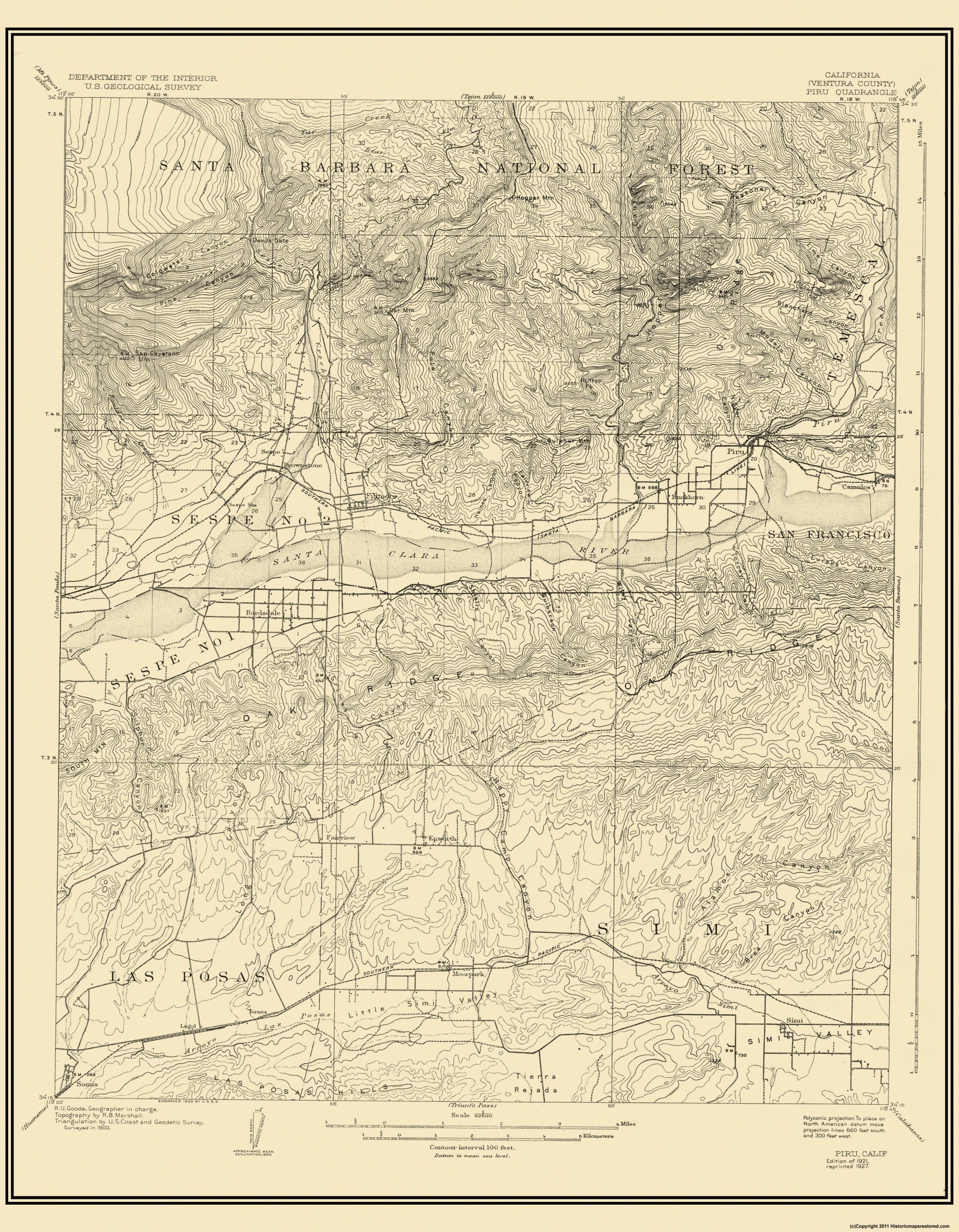 Topographical Map - Piru California Quad - USGS 1921 - 23 x 29.56 ...