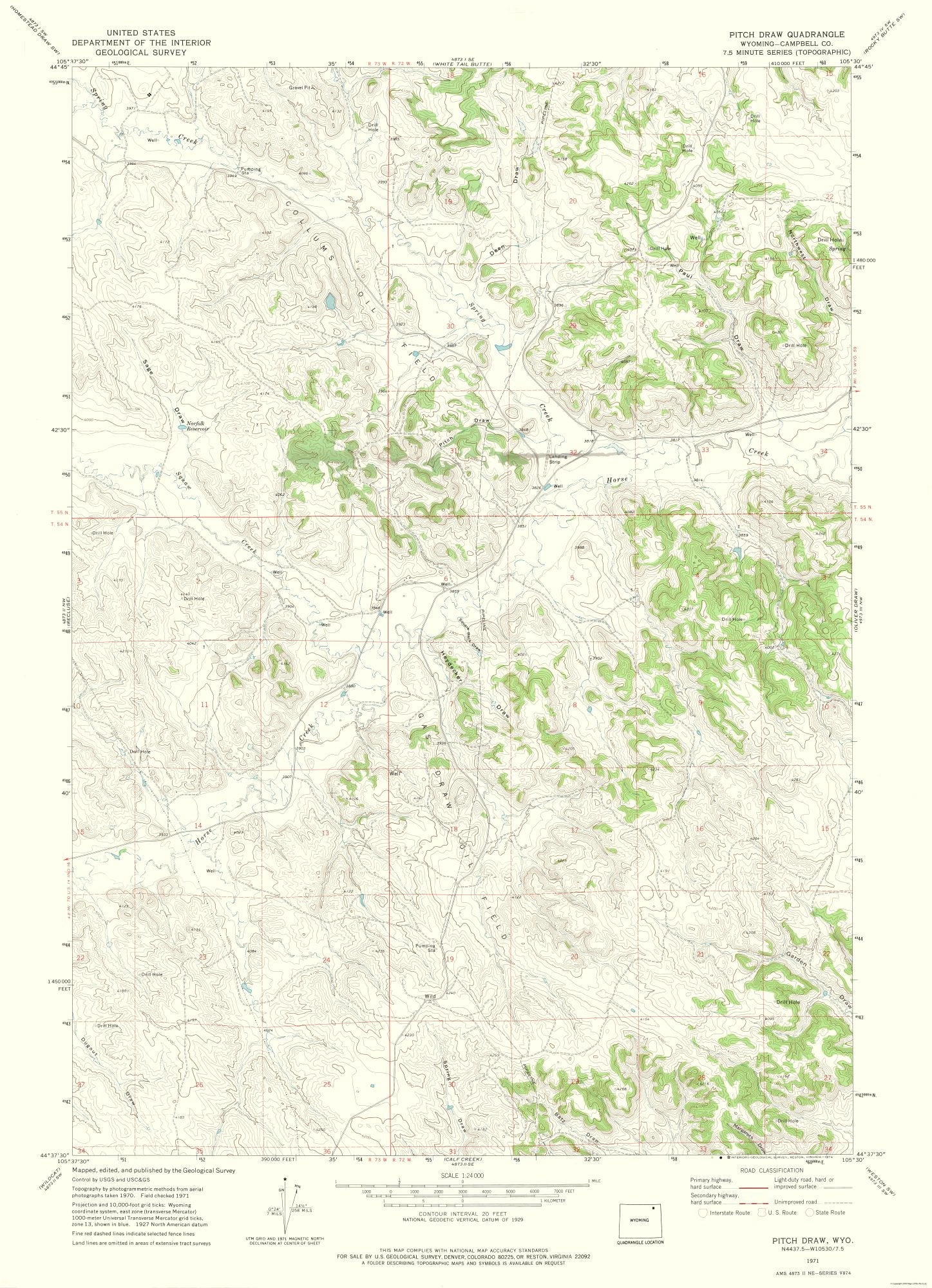 Topographical Map - Pitch Draw Wyoming Quad - USGS 1971 - 23 x 31.80 ...