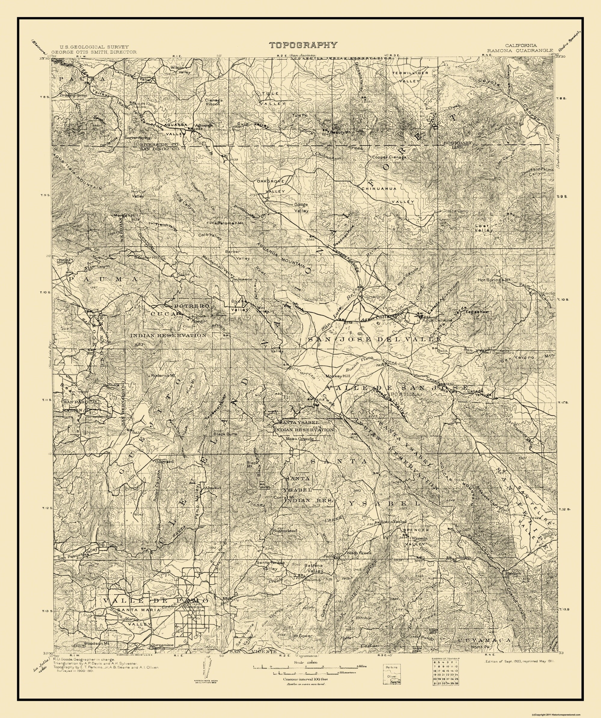Topographical Map - Ramona California Quad - USGS 1903 - 23 x 27.5 ...