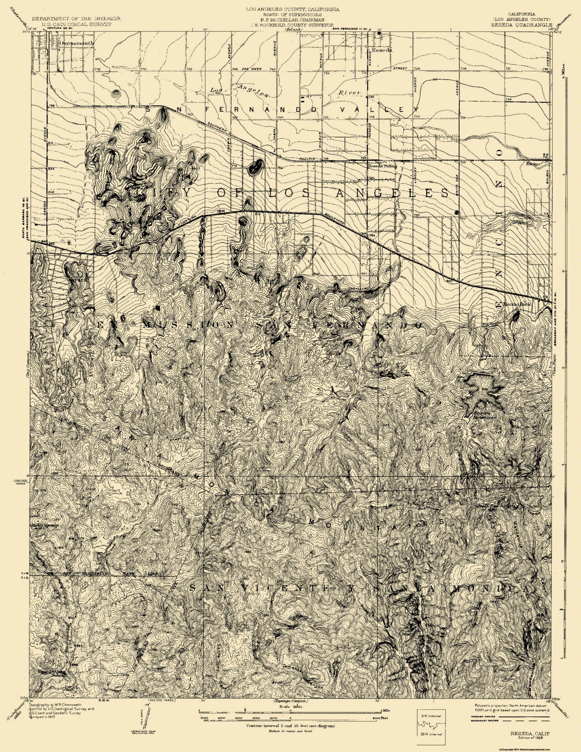 Topographical Map - Reseda California Quad - USGS 1928 - 23 x 29.75 ...