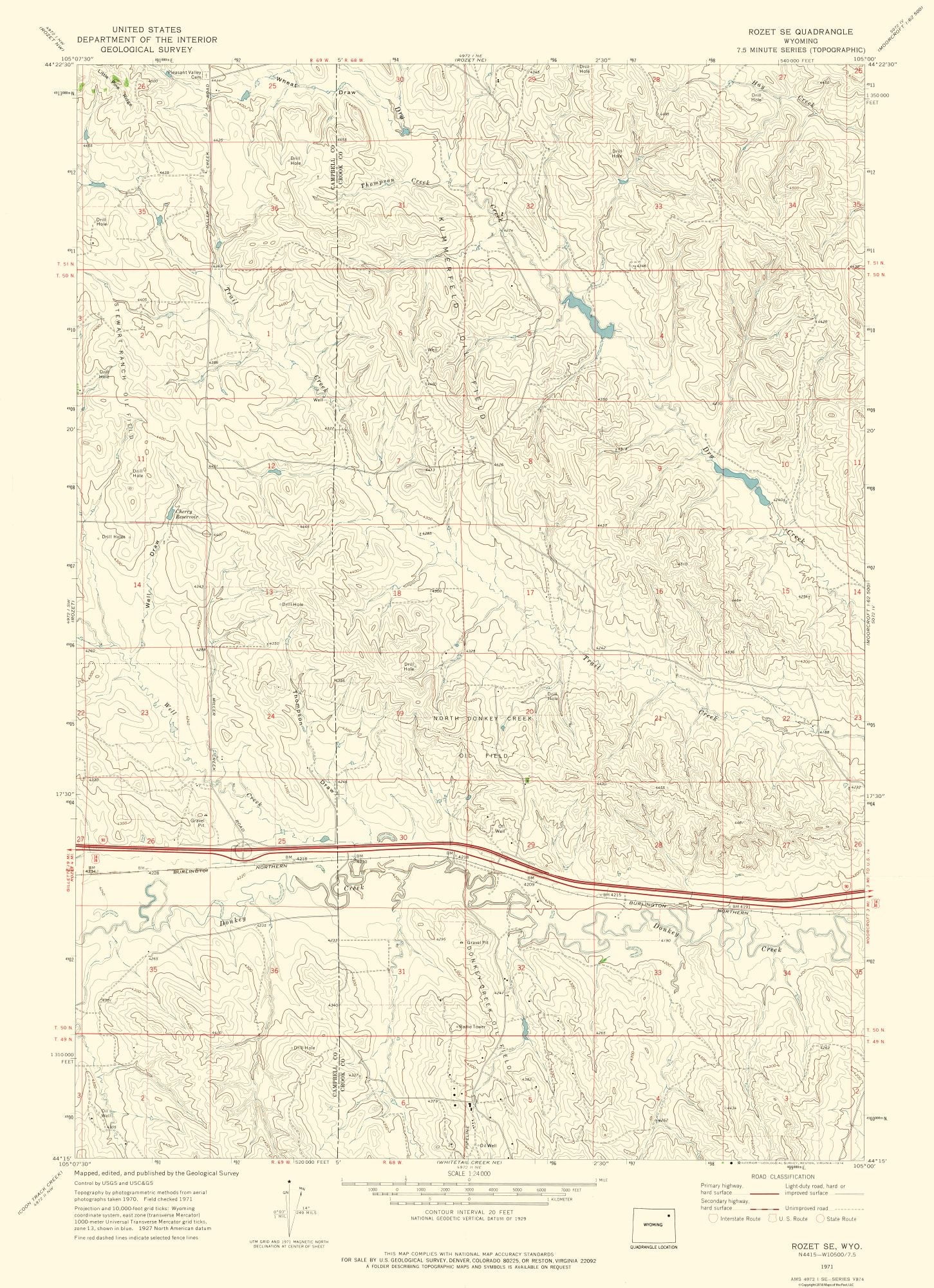 Topographical Map - Rozet Wyoming Quad - USGS 1971 - 23 x 31.70 ...