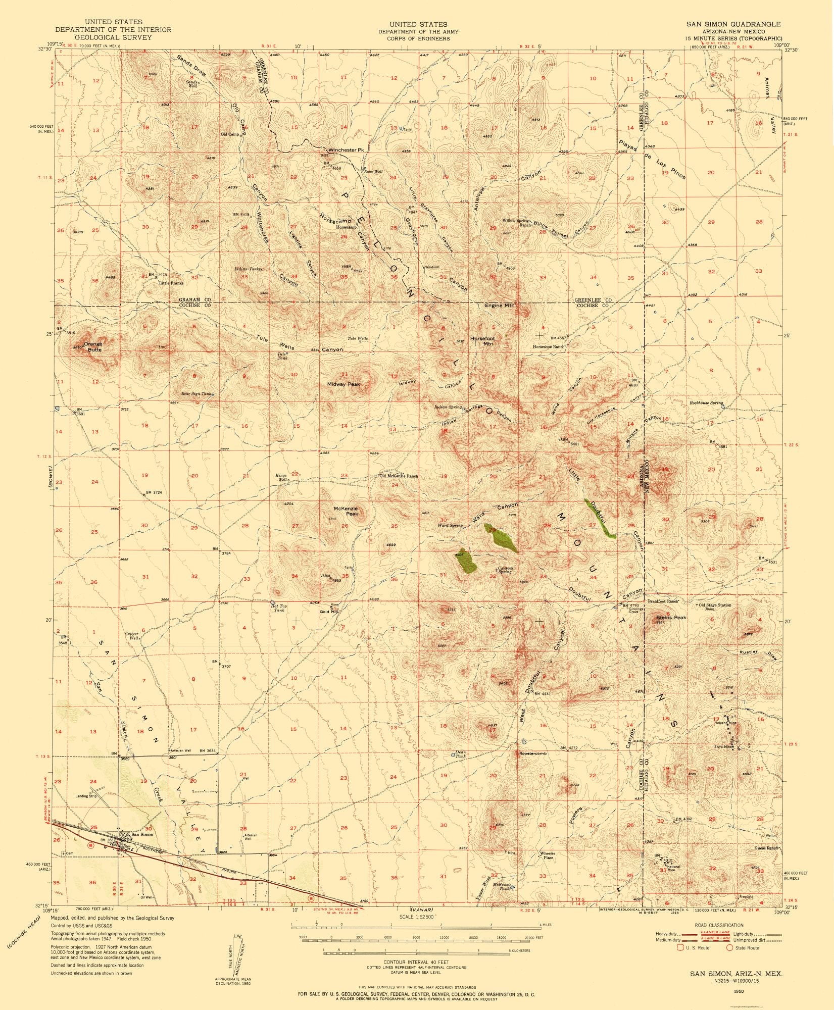 Topographical Map - San Simon Arizona Quad - USGS 1950 - 23 x 27.86 ...