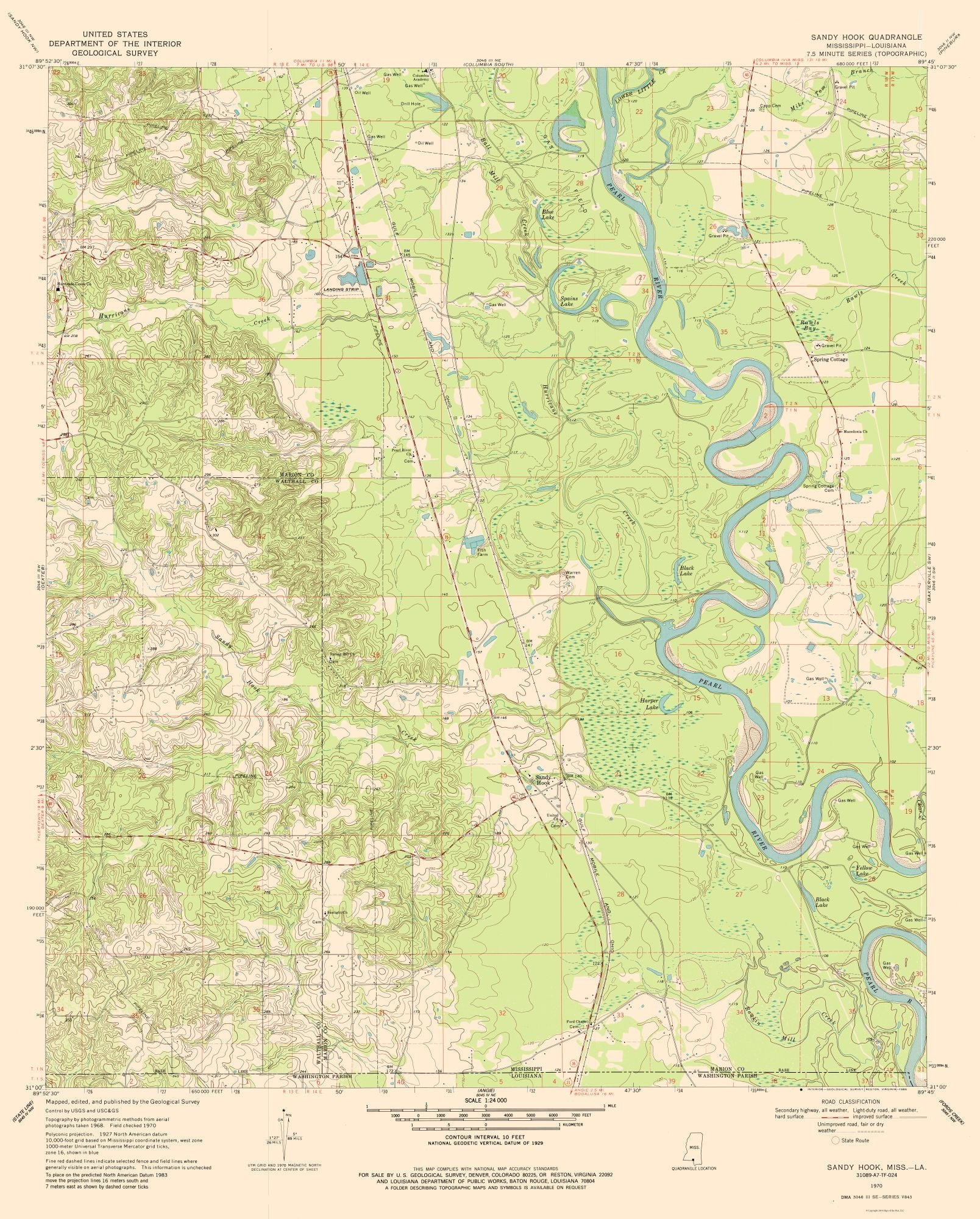 Topographical Map - Sandy Hook Mississippi Quad - USGS 1970 - 23 x 28. ...