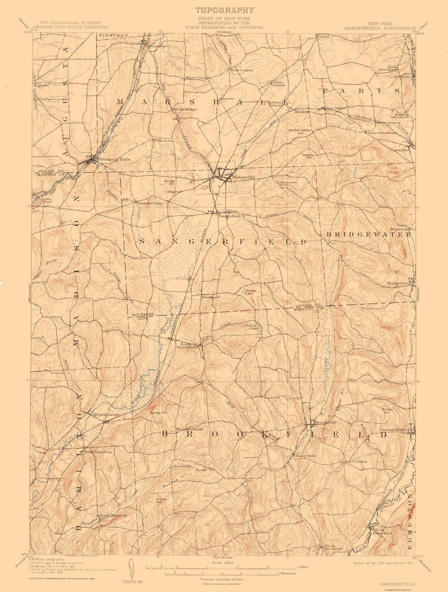 Topographical Map - Sangerfield New York Quad - USGS 1907 - 23 x 30.40 ...