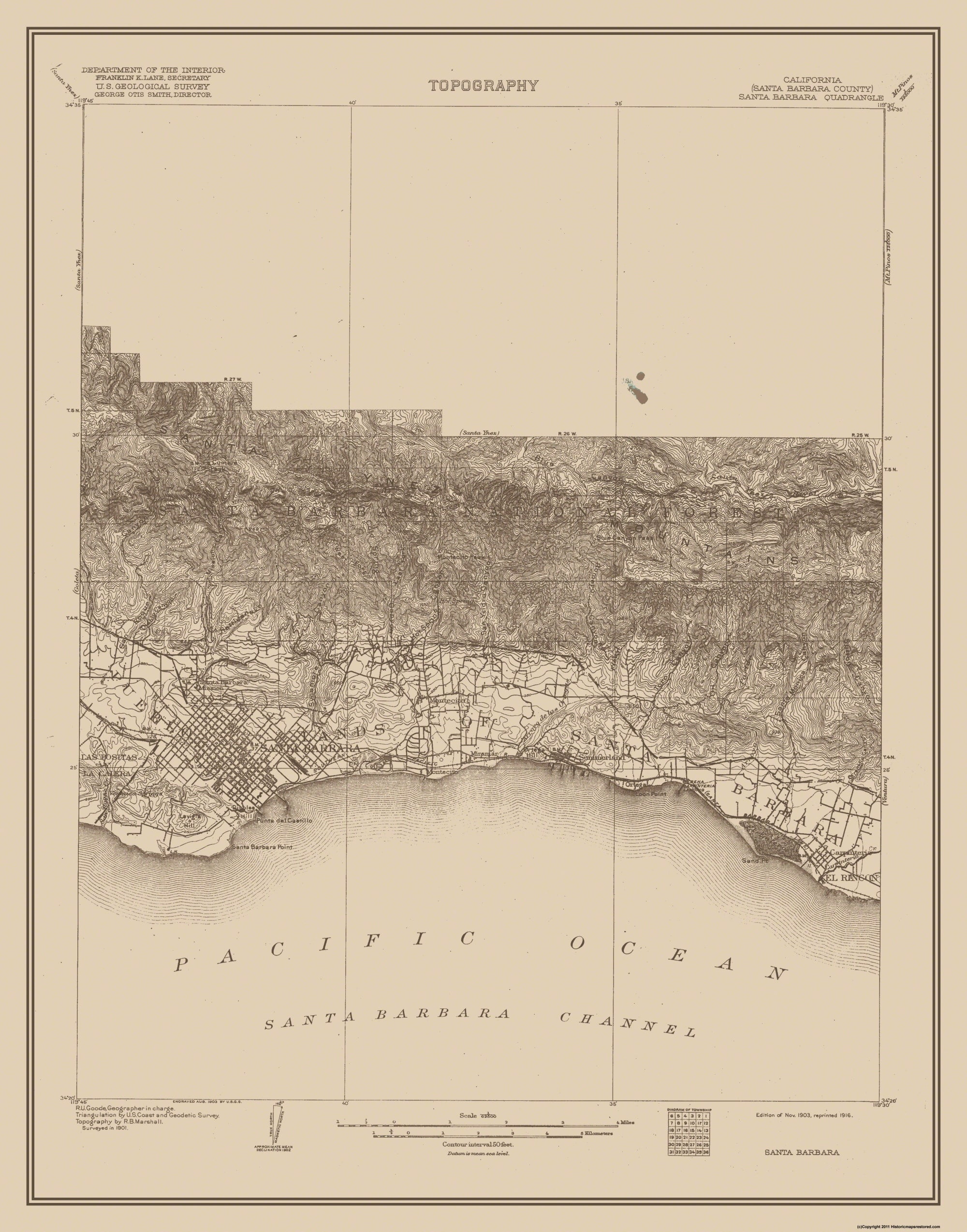 Topographical Map - Santa Barbara California Quad - USGS 1903 - 23 x 29 ...
