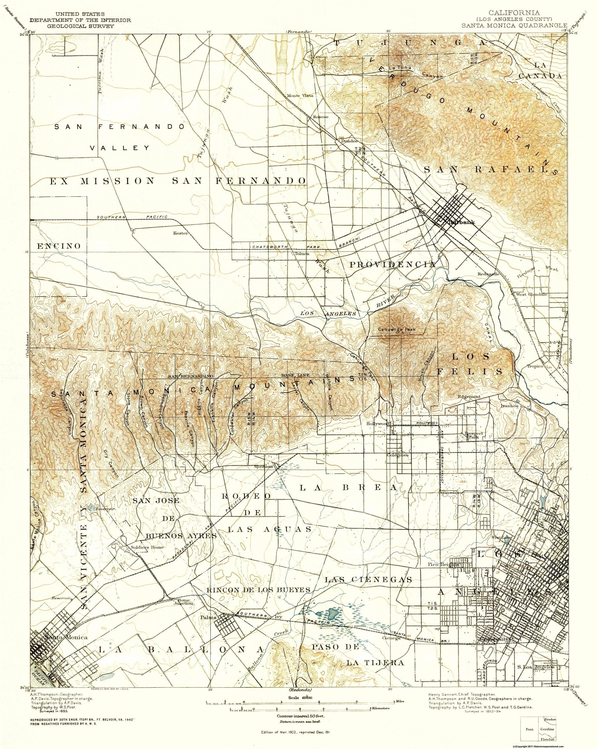 Topographical Map - Santa Monica California Quad - USGS 1893 - 23 x 28. ...