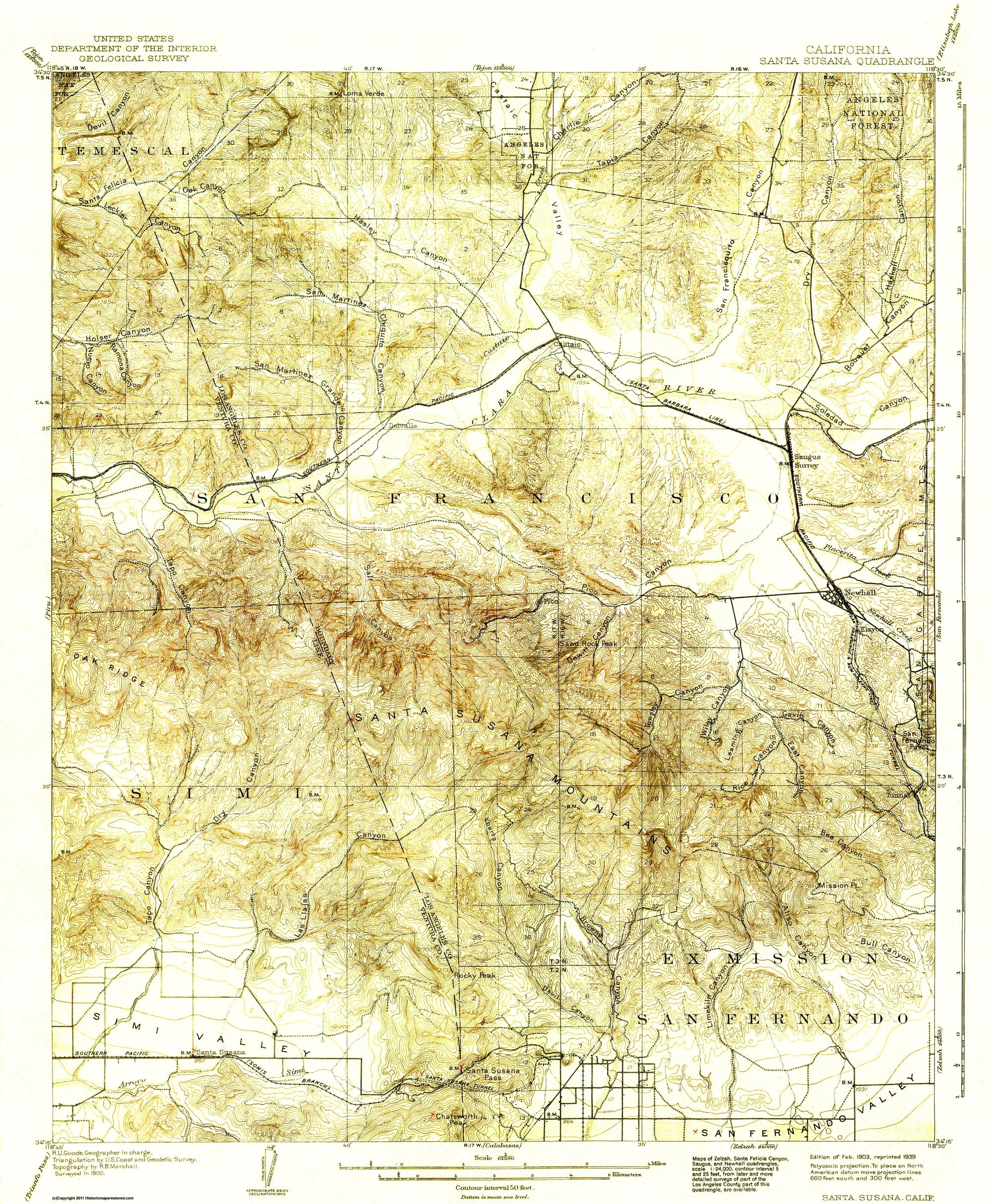 Topographical Map - Santa Susana California Quad - USGS 1903 - 23 x 27. ...
