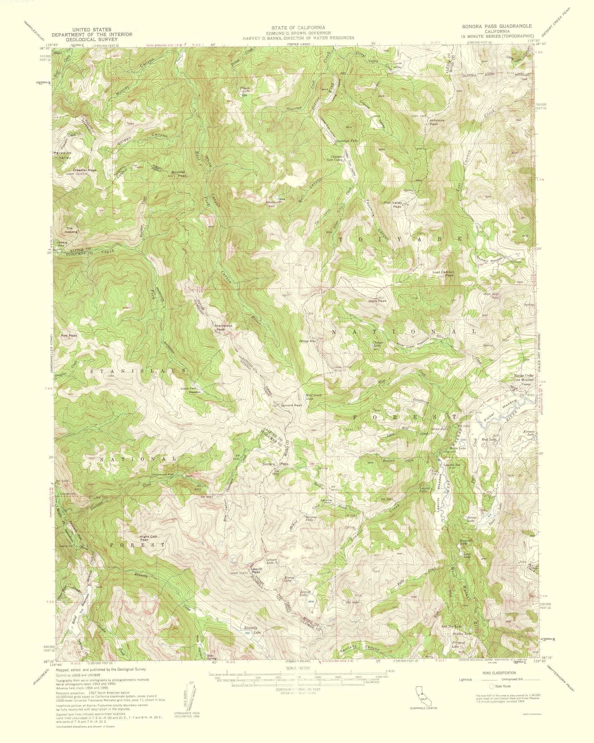 Topographical Map - Sonora Pass California Quad - USGS 1961 - 23 x 28. ...
