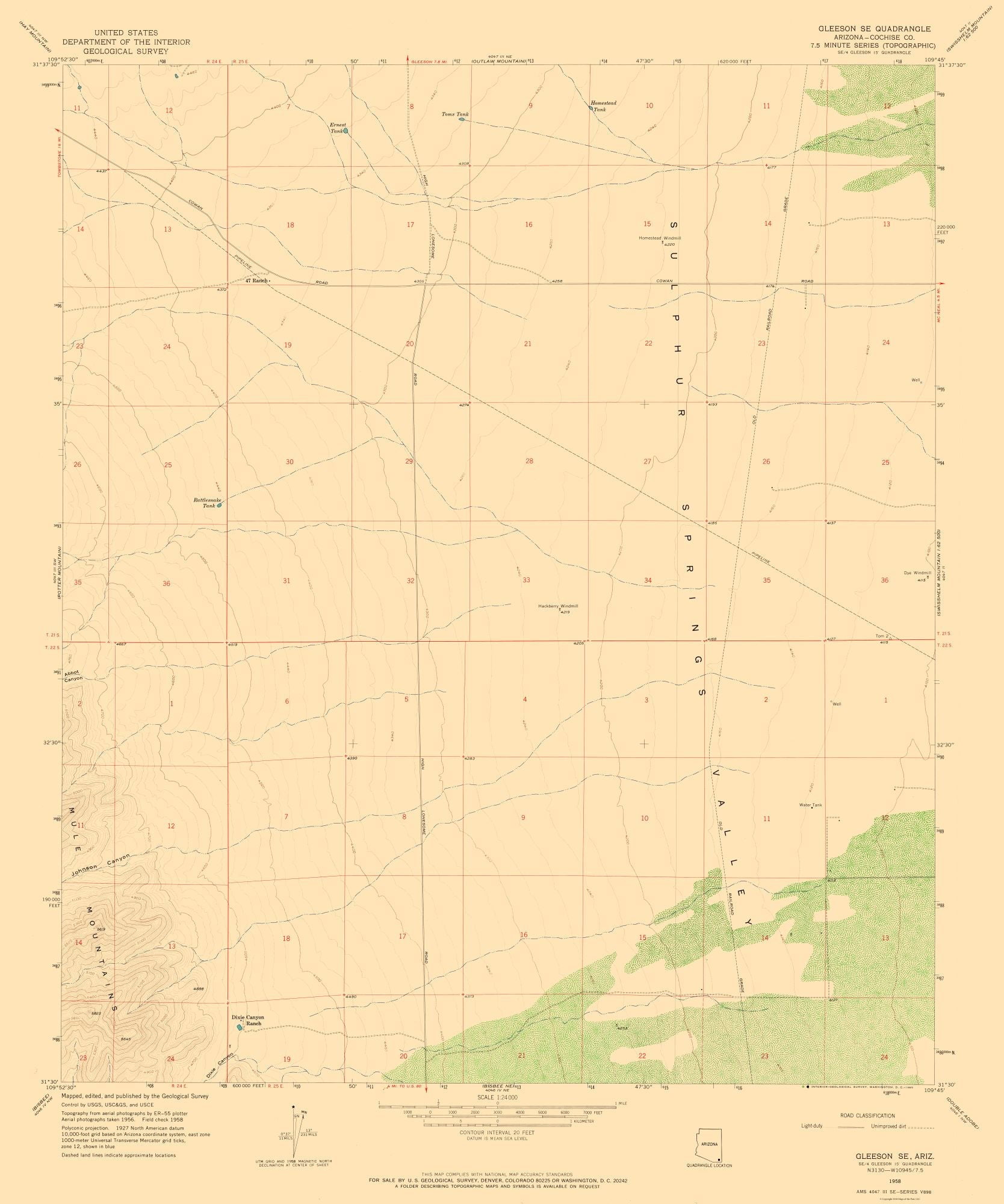 Topographical Map - South East Gleeson Arizona Quad - USGS 1958 - 23 x ...