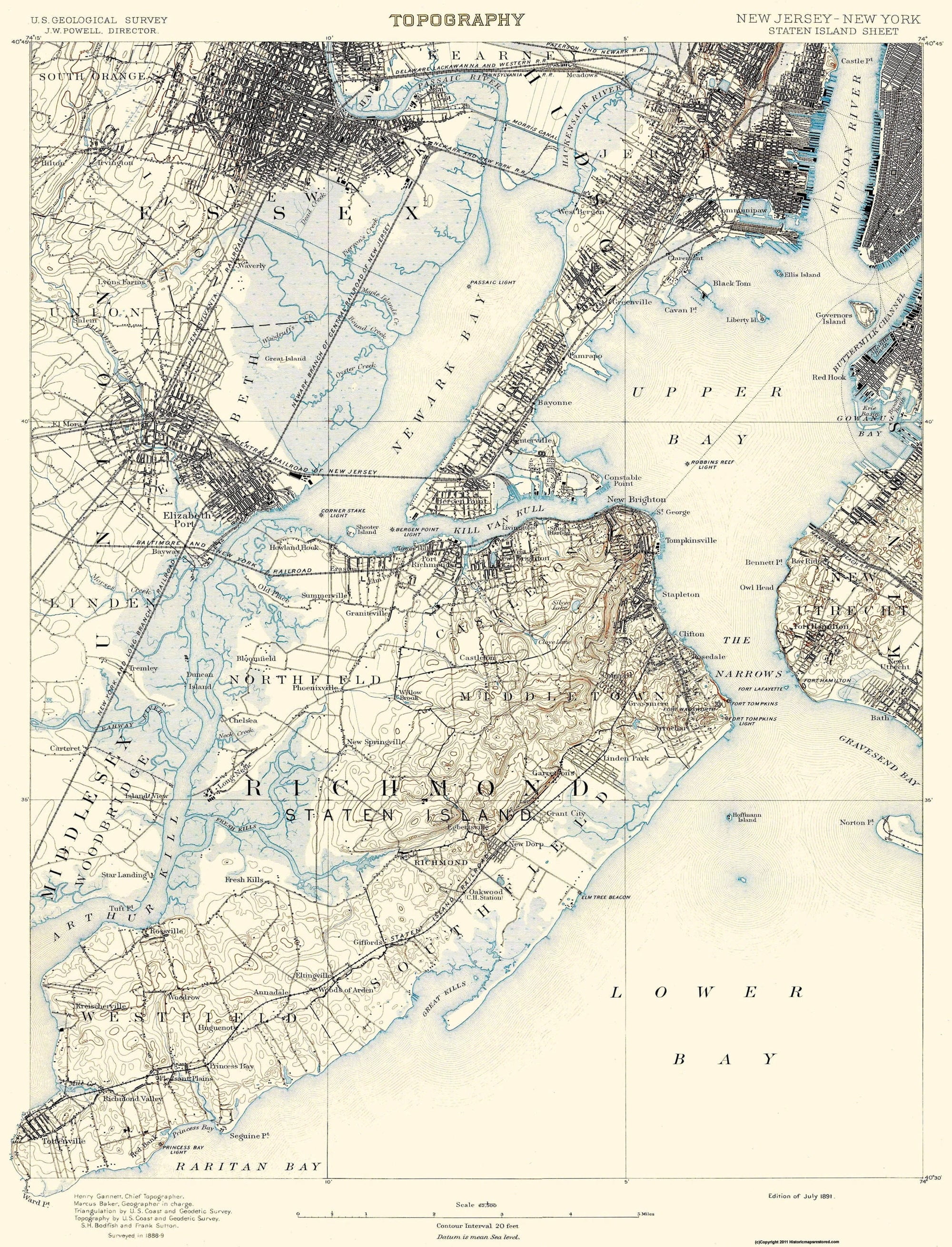 Topographical Map - Staten Island New York New Jersey Sheet - USGS 1891 ...