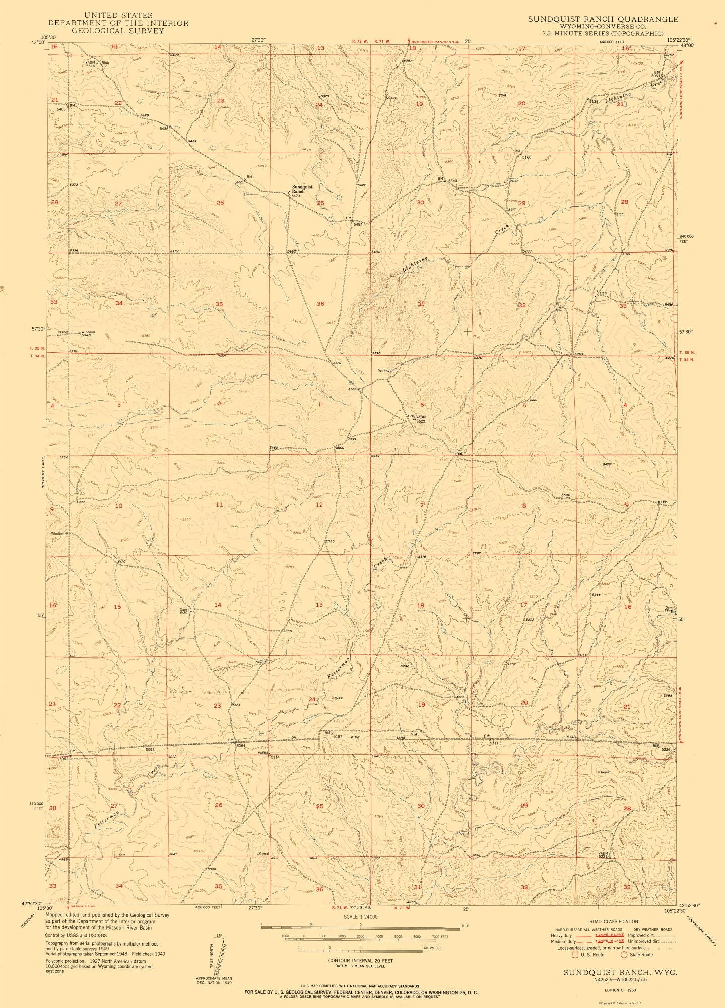 Topographical Map - Sundquist Ranch Wyoming Quad - USGS 1950 - 23 x 31. ...