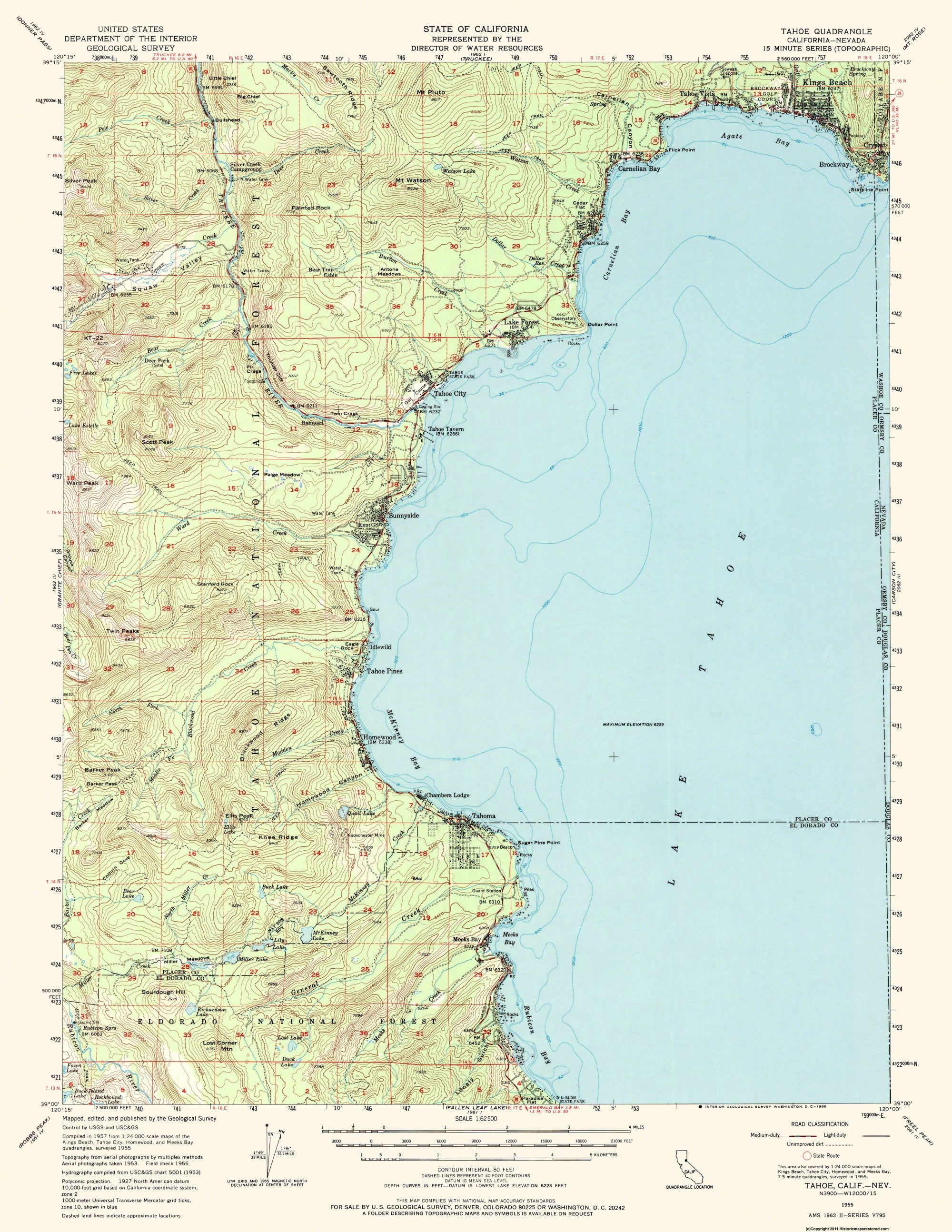 Topographical Map - Tahoe California Nevada Quad - USGS 1955 - 23 x 29. ...