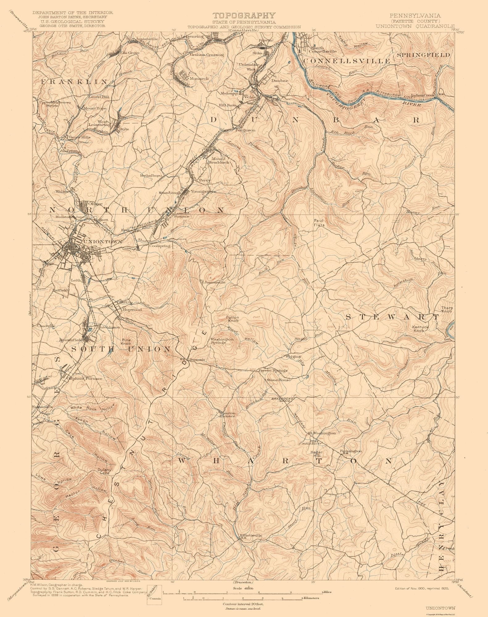 Topographical Map - Uniontown Pennsylvania Quad - USGS 1900 - 23 x 29. ...