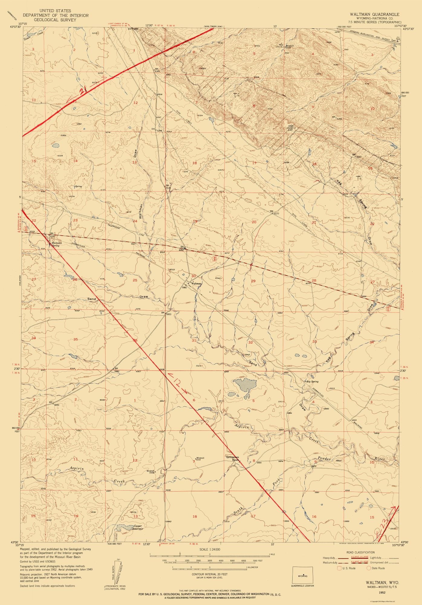 Topographical Map - Waltman Wyoming Quad - USGS 1952 - 23 x 32.96 ...