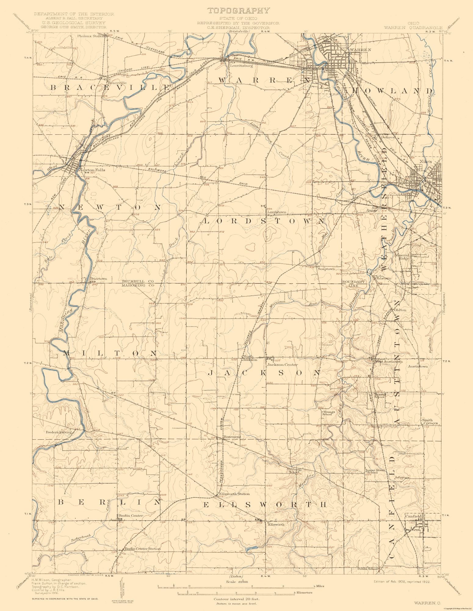 Topographical Map - Warren Ohio Quad - USGS 1908 - 23 x 29.68 - Vintage ...