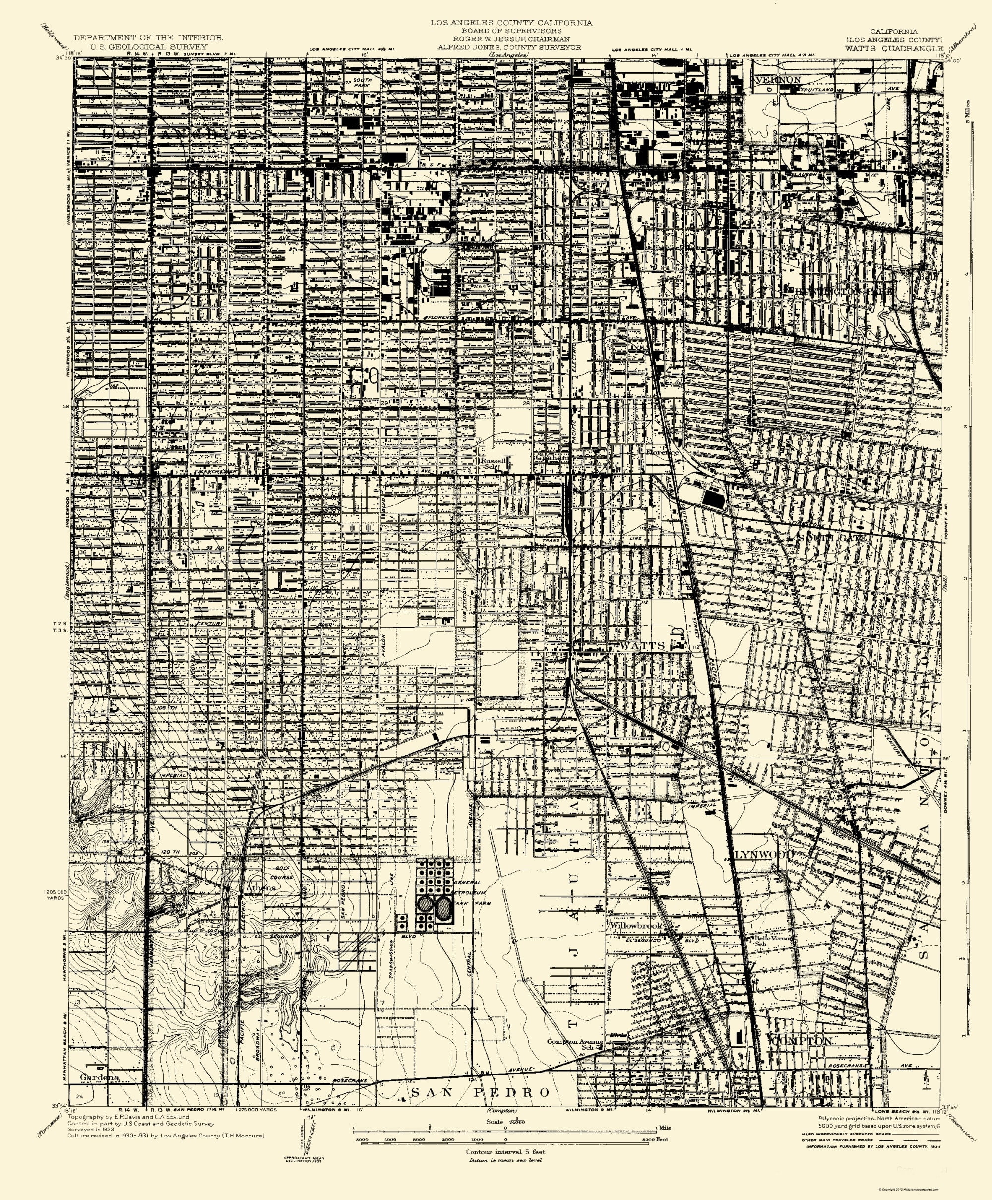 Topographical Map - Watts California Quad - USGS 1934 - 23 x 27.82 ...