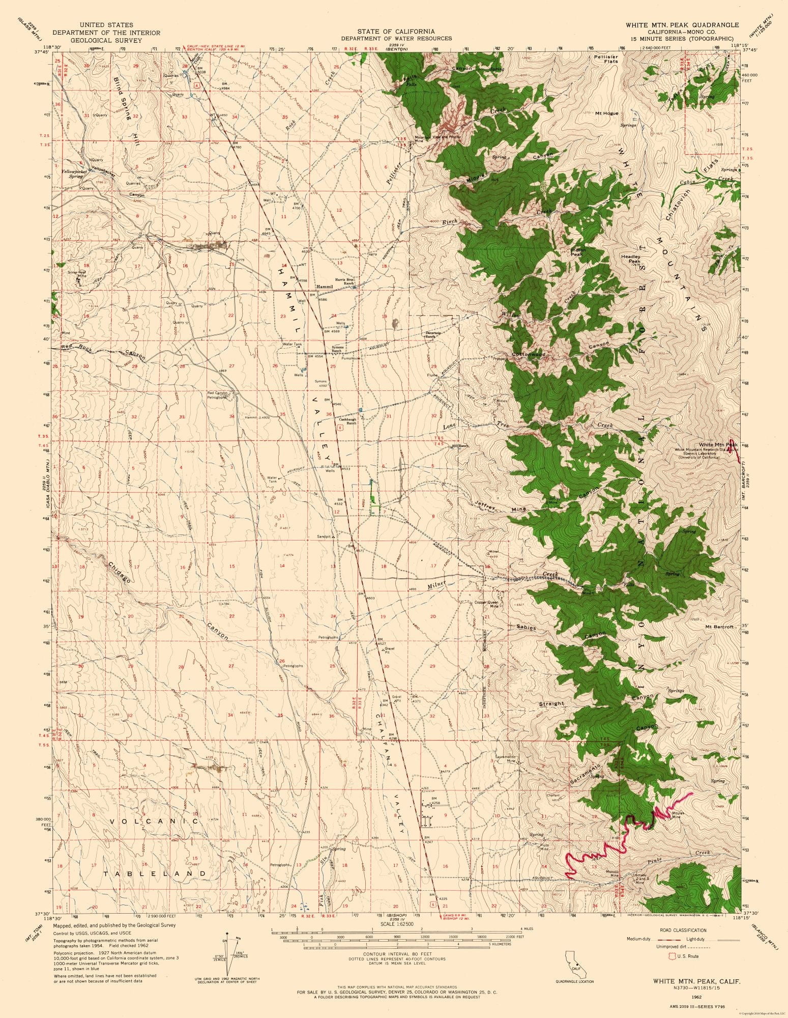 Topographical Map - White Mountain Peak California Quad - USGS 1962 ...