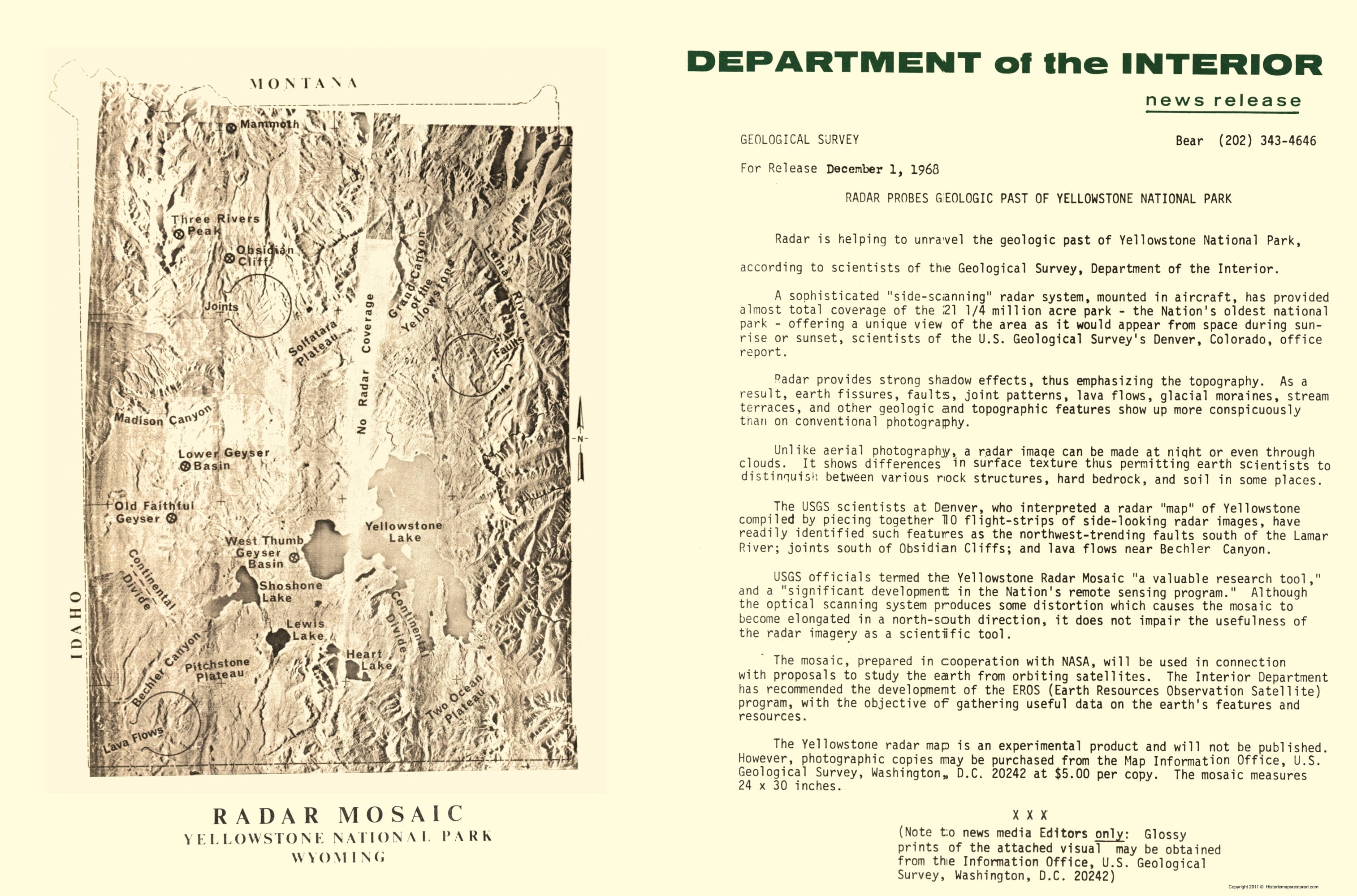 Topographical Map - Yellowstone National Park Radar Mosaic - USGS 1968 ...
