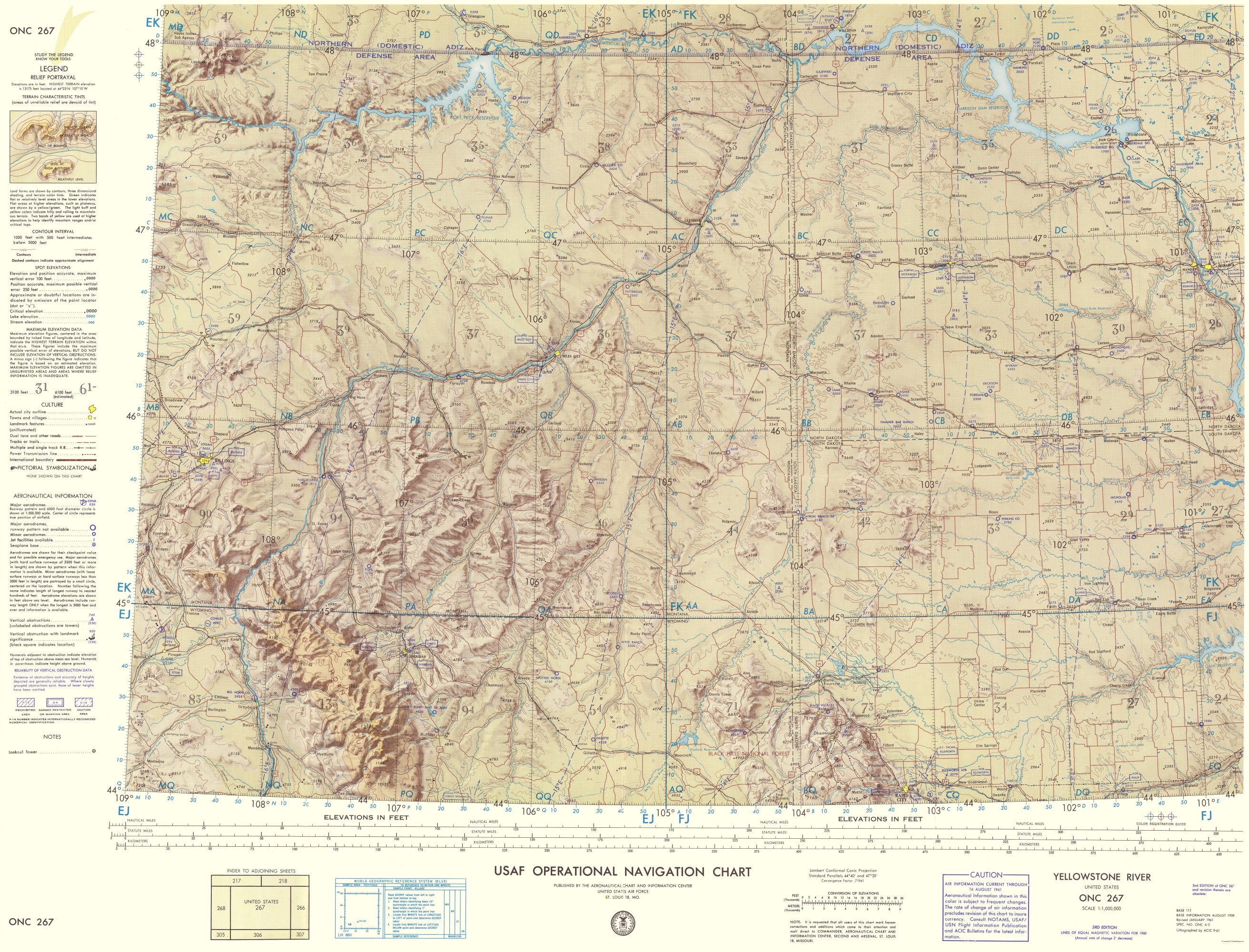 Topographical Map - Yellowstone River Montana Aeronautical Sheet - USAF ...