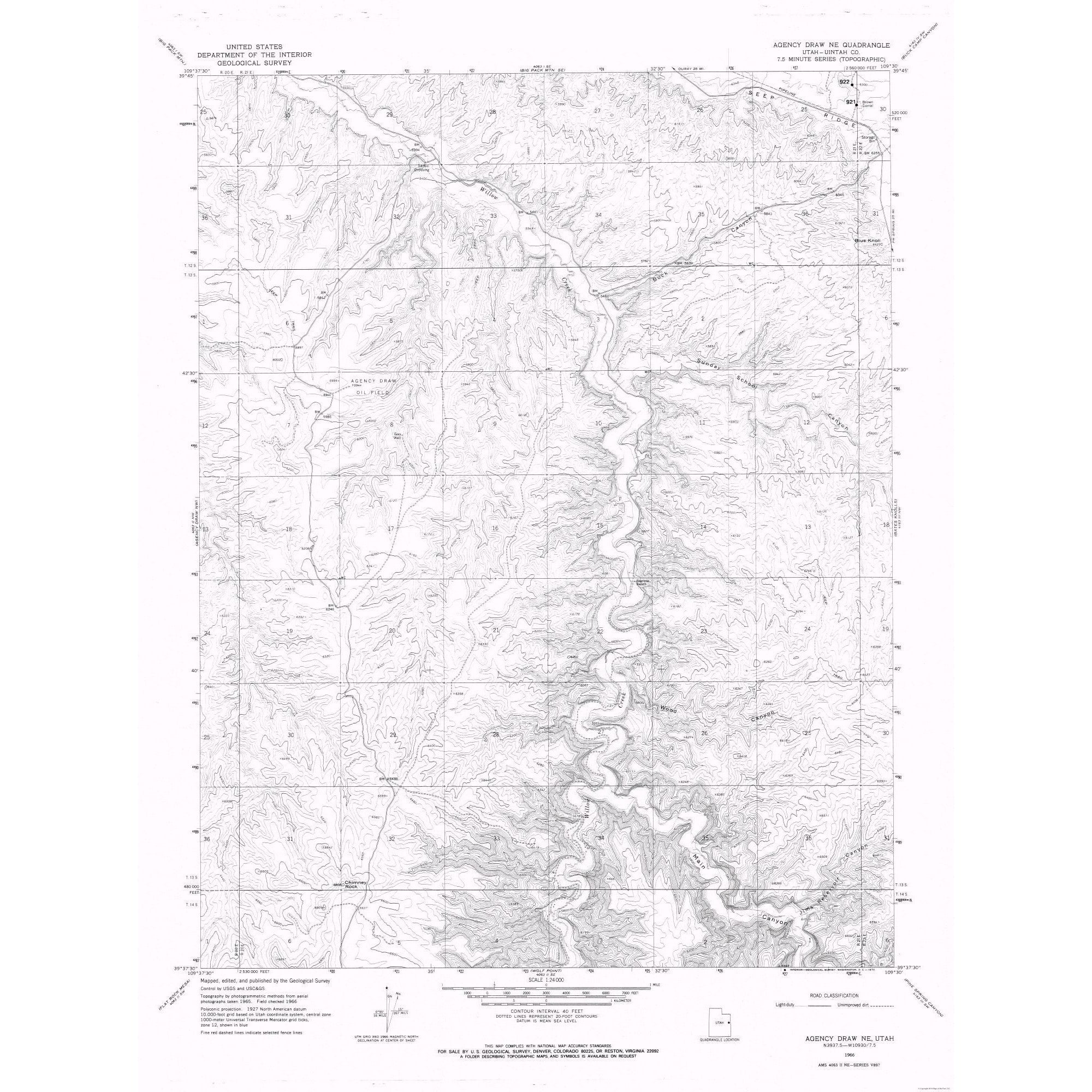 Topographical Map - Agency Draw Utah Quad - USGS 1966 - 23 x 30.75 ...