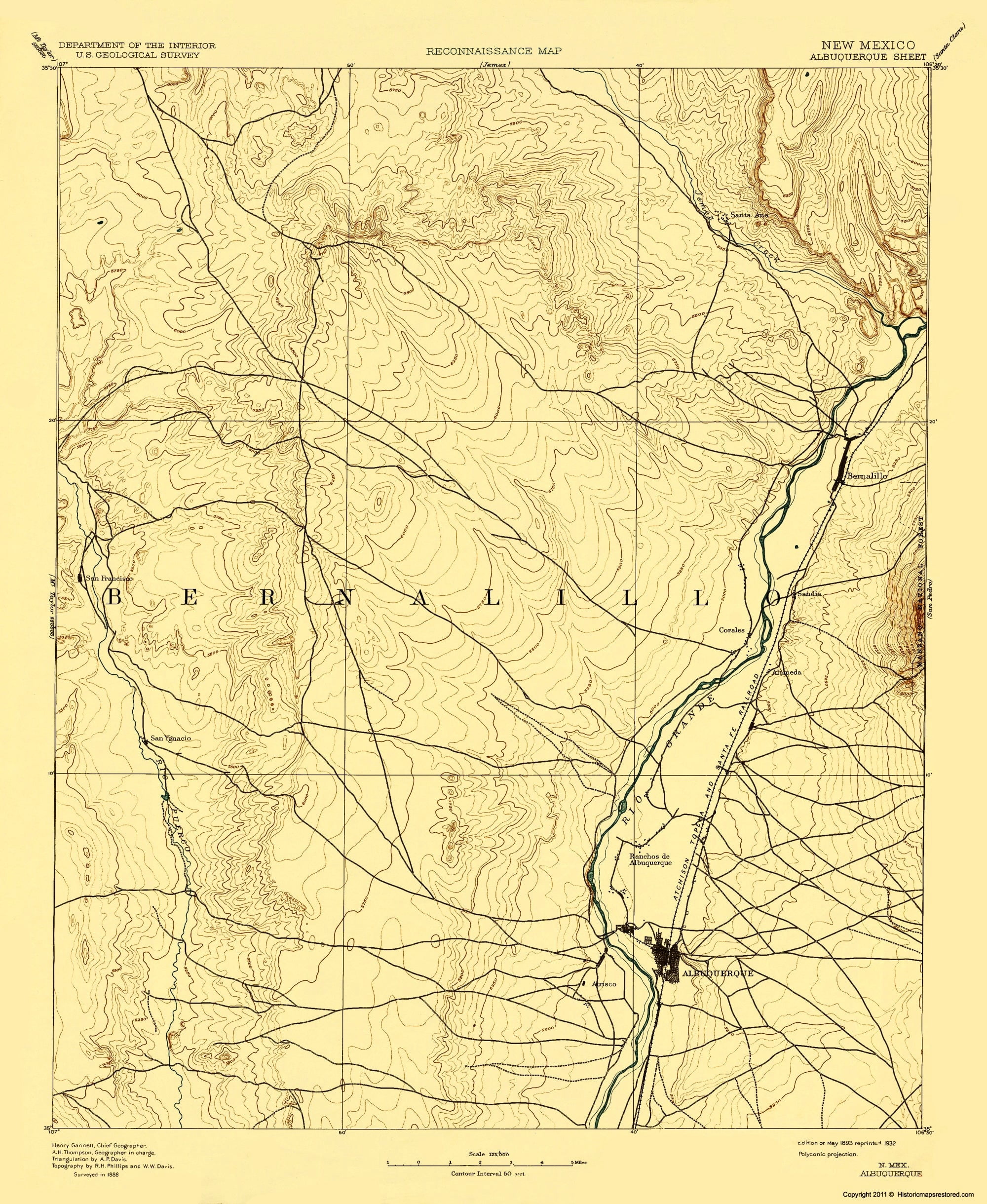 Topographical Map - Albuquerque New Mexico Sheet - USGS 1888 - 23 x 28. ...