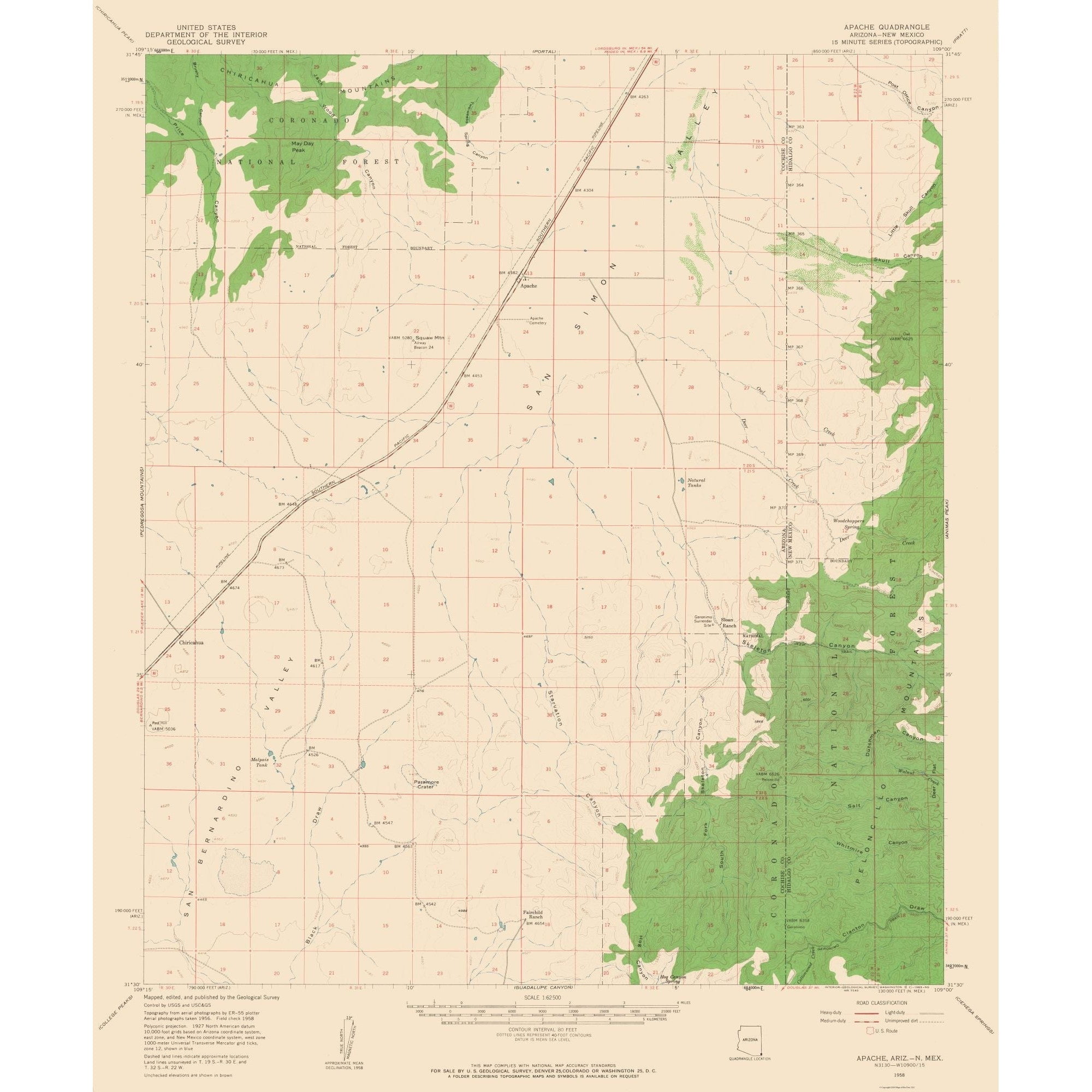 Topographical Map - Apache Arizona Quad - USGS 1958 - Vintage Wall Art ...