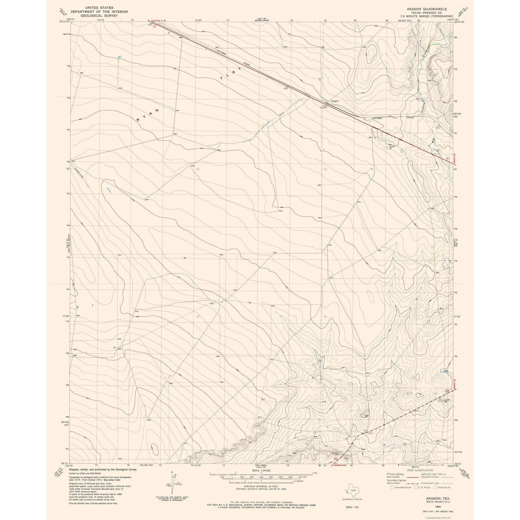 Topographical Map - Aragon Texas Quad - USGS 1983 - 23 x 27.96 ...