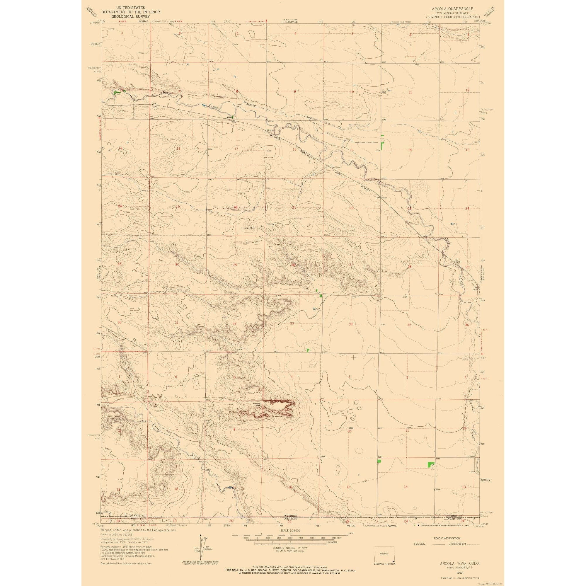 Topographical Map - Arcola Wyoming Quad - USGS 1963 - 23 x 31.87 ...