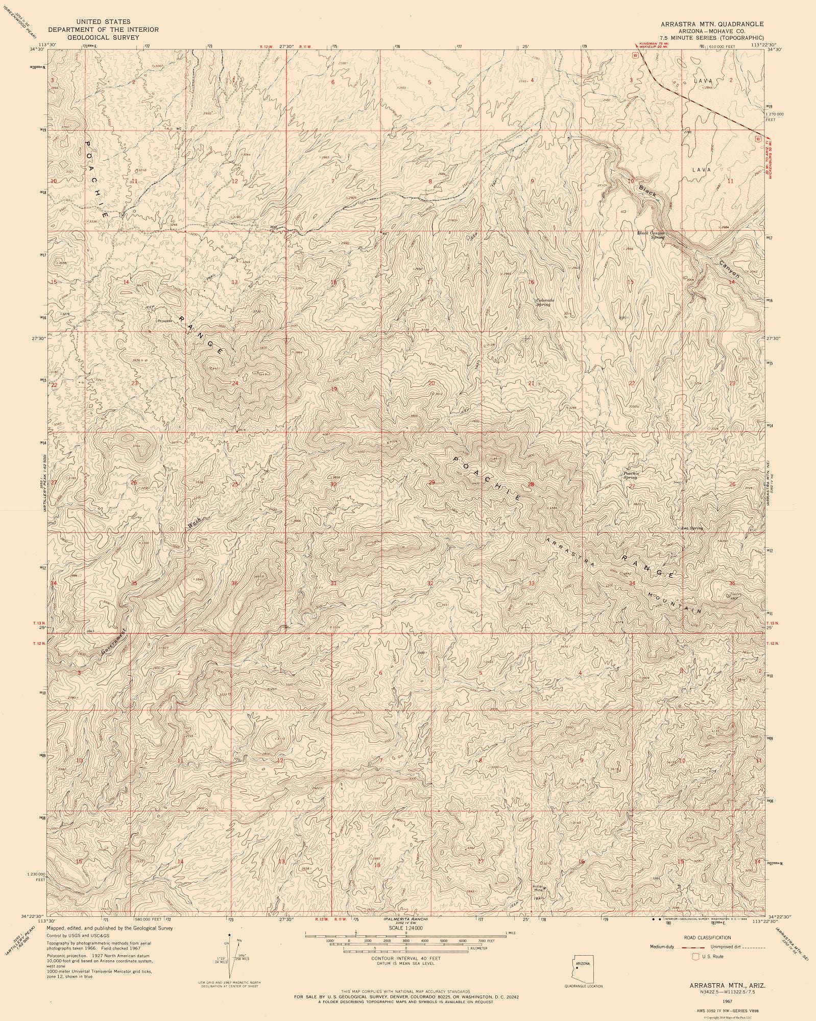 Topographical Map - Arrastra Mountains Arizona Quad - USGS 1967 - 23 x ...