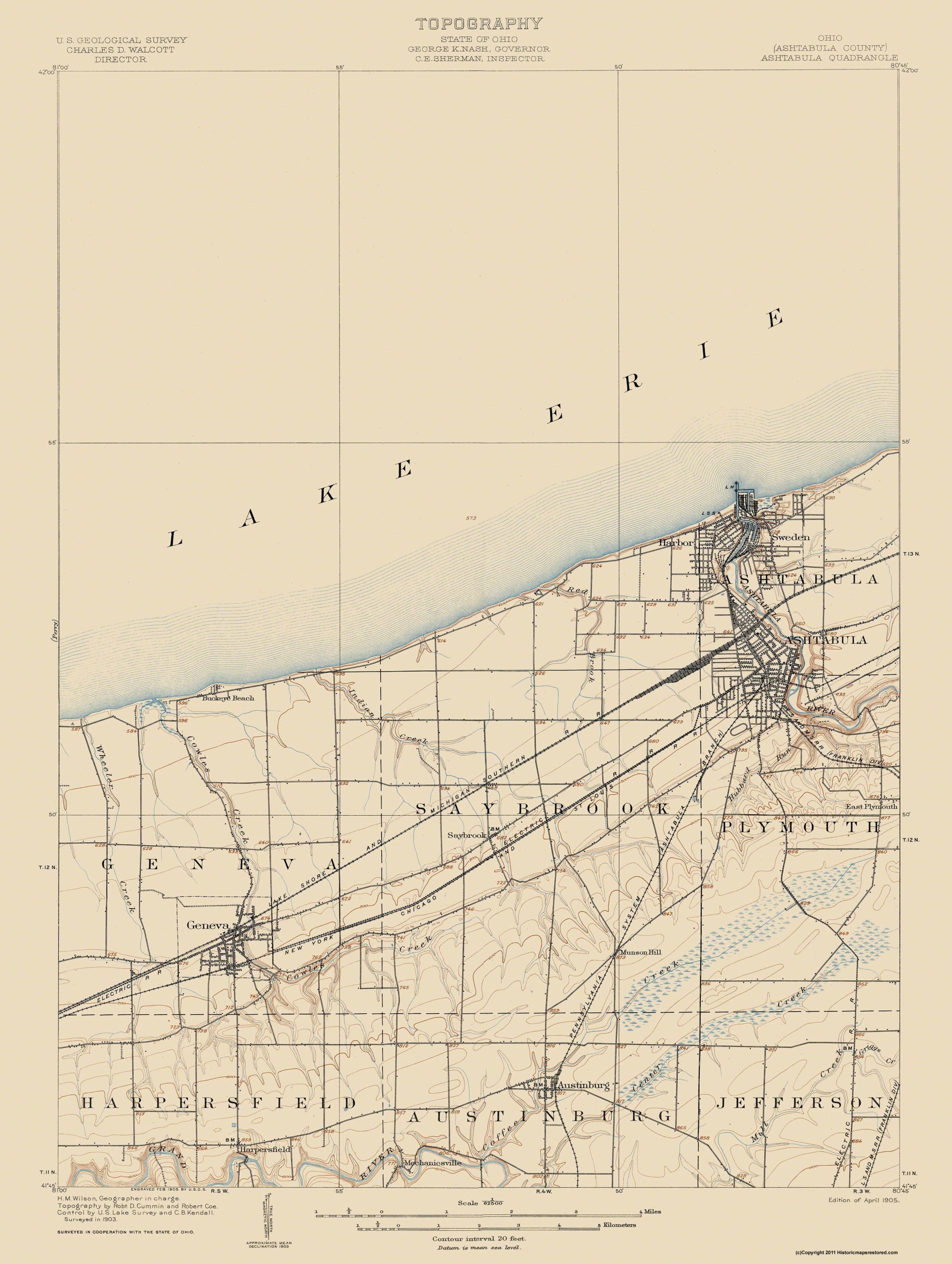 Topographical Map - Ashtabula Ohio Quad Quad - USGS 1905 - 23 x 30.55 ...