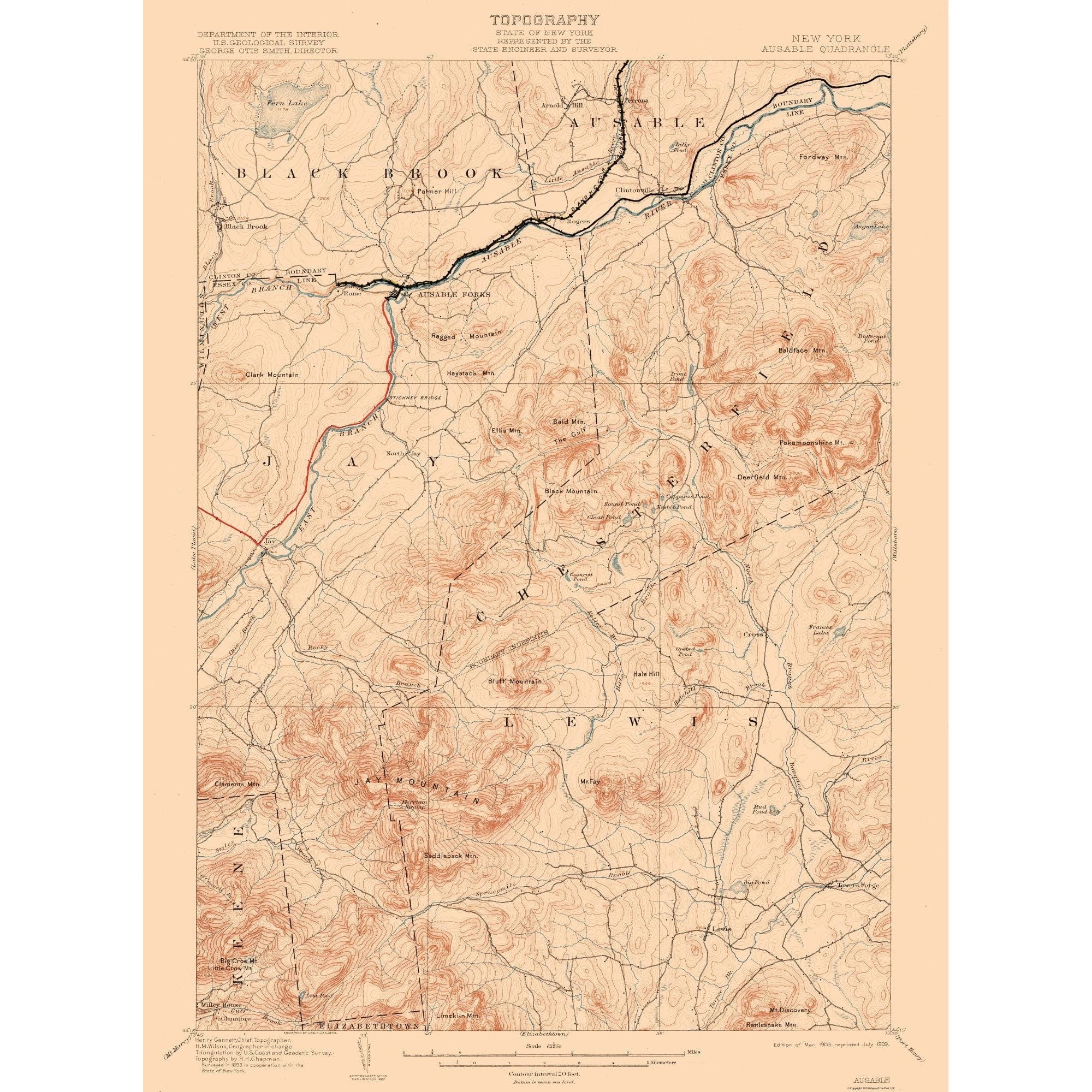 Topographical Map - Ausable New York Quad - USGS 1903 - 23 x 31.18 ...
