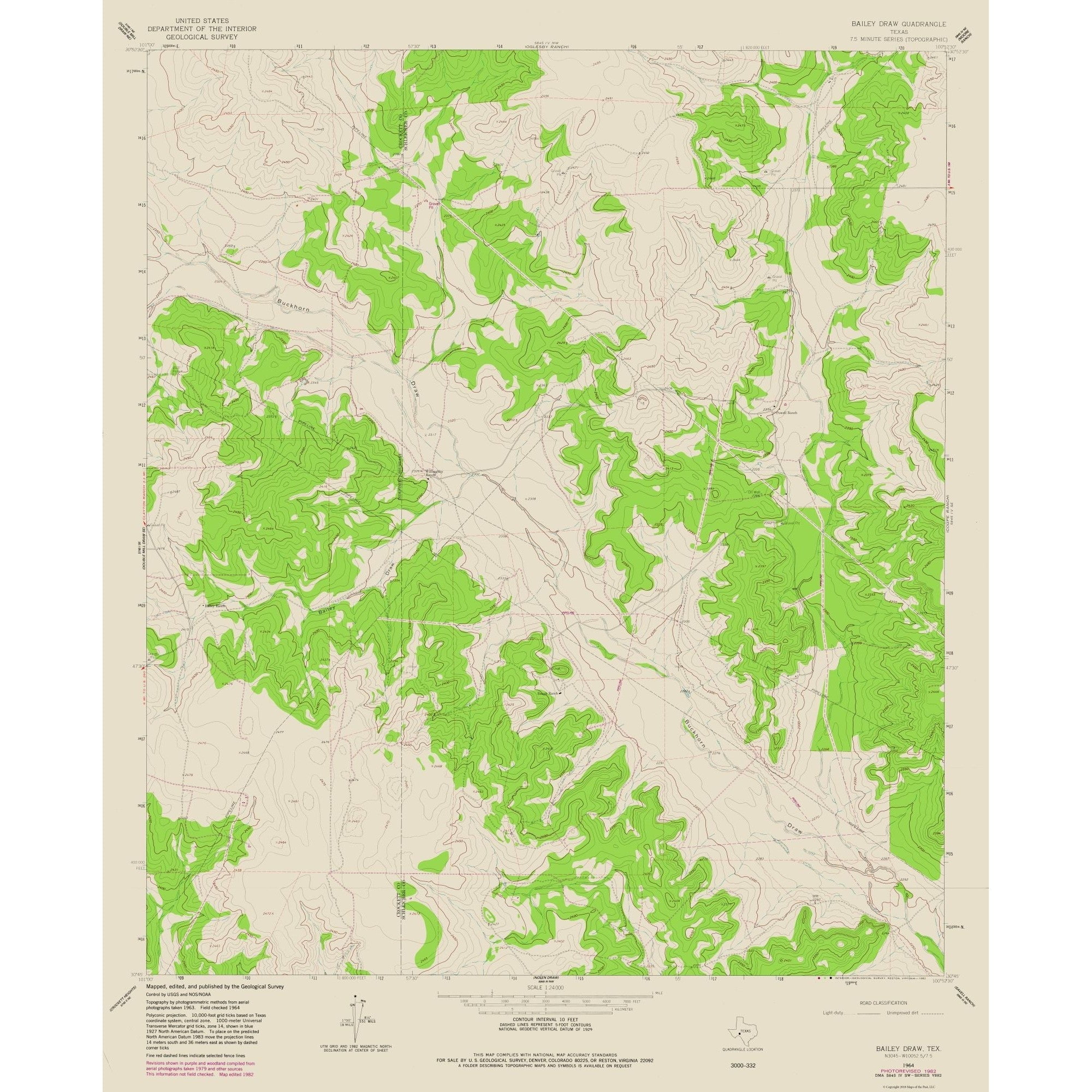 Topographical Map - Bailey Draw Texas Quad - USGS 1964 - 23 x 28.34 ...