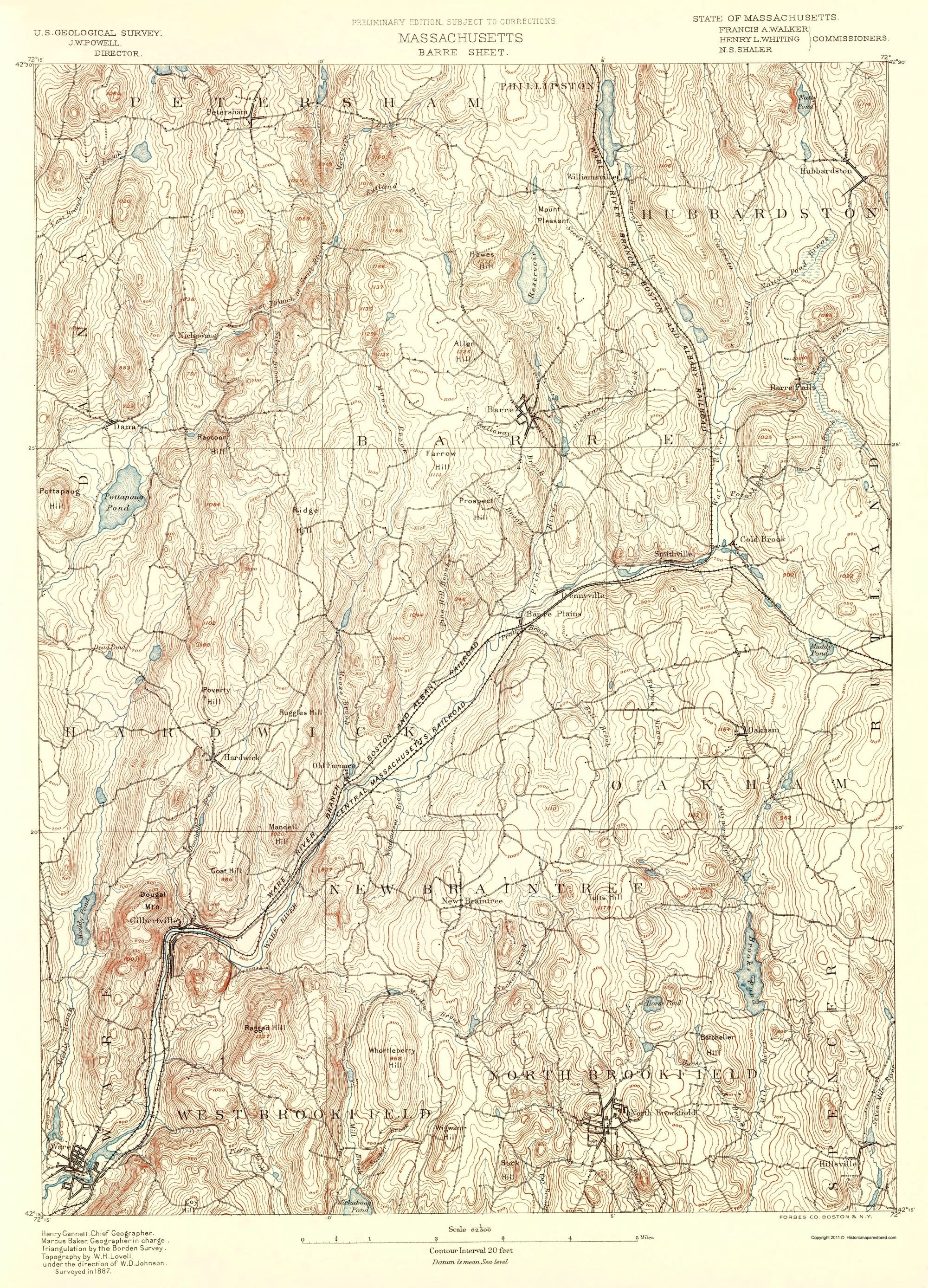 Topographical Map - Barre Massachusetts Sheet - USGS 1890 - 23 x 31.91 ...