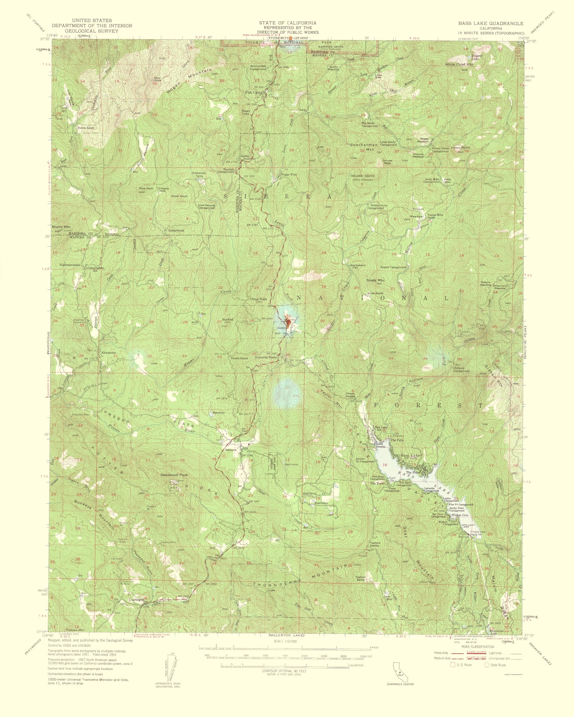 Topographical Map - Bass Lake California Quad - USGS 1959 - 23 x 28.75 - Vintage Wall Art ...