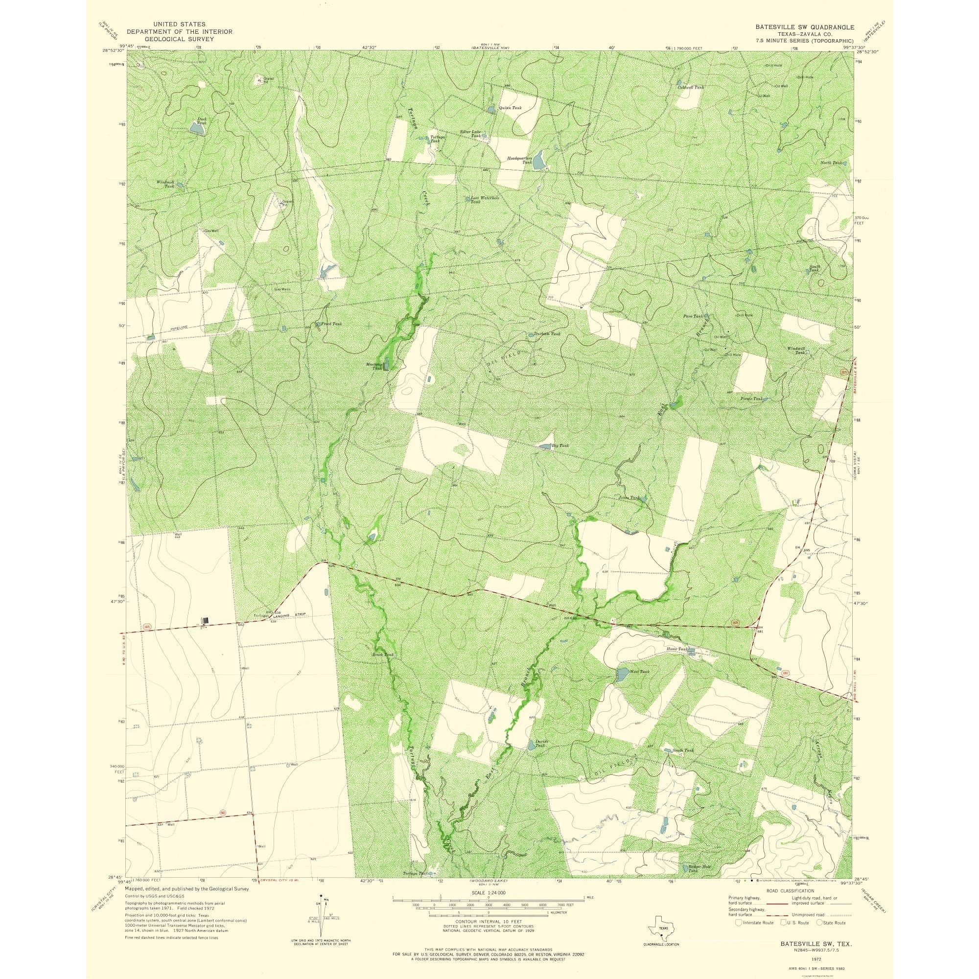 Topographical Map - Batesville Texas South West Quad - USGS 1972 - 23 x ...