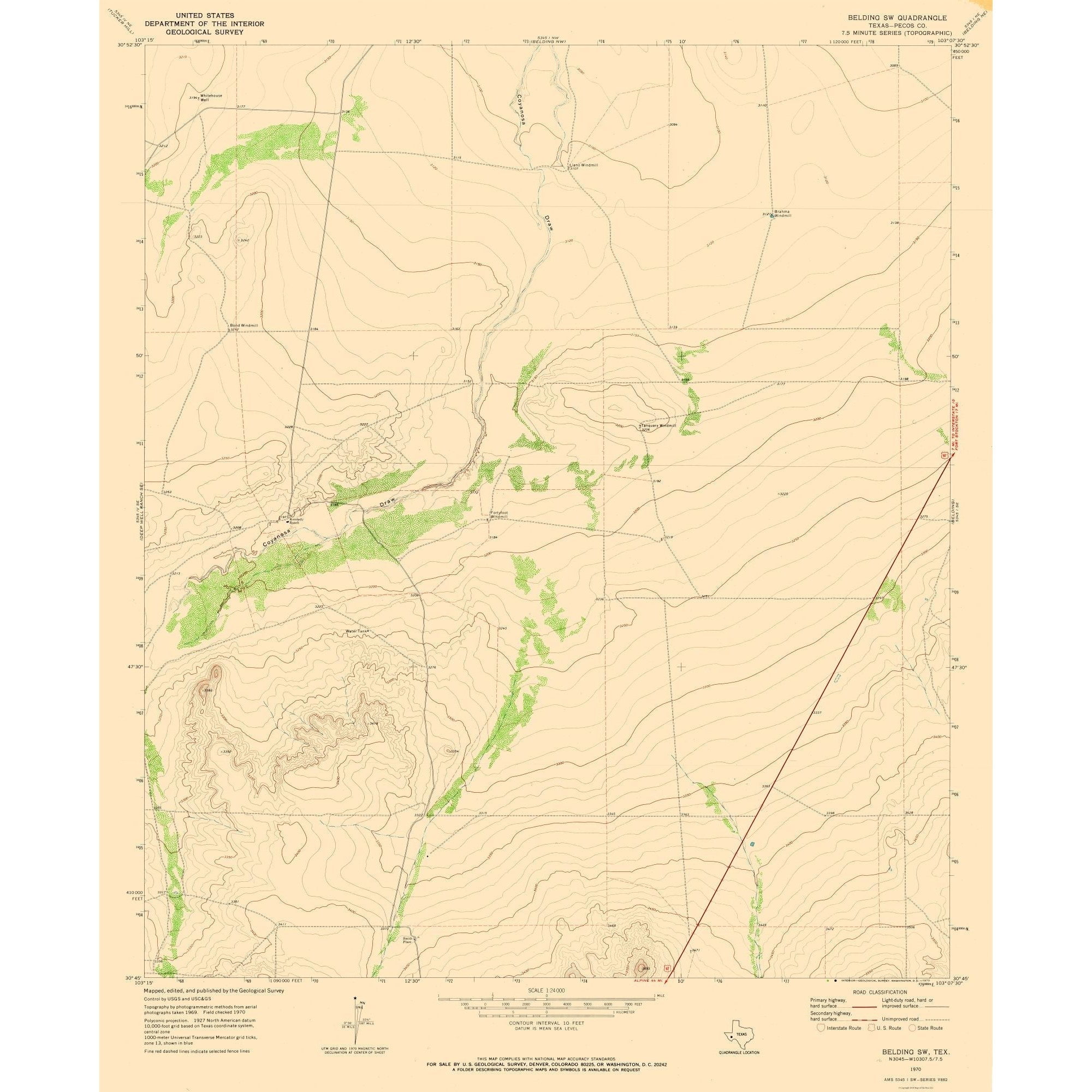 Topographical Map - Belding Texas South West Quad - USGS 1970 - 23 x 28 ...