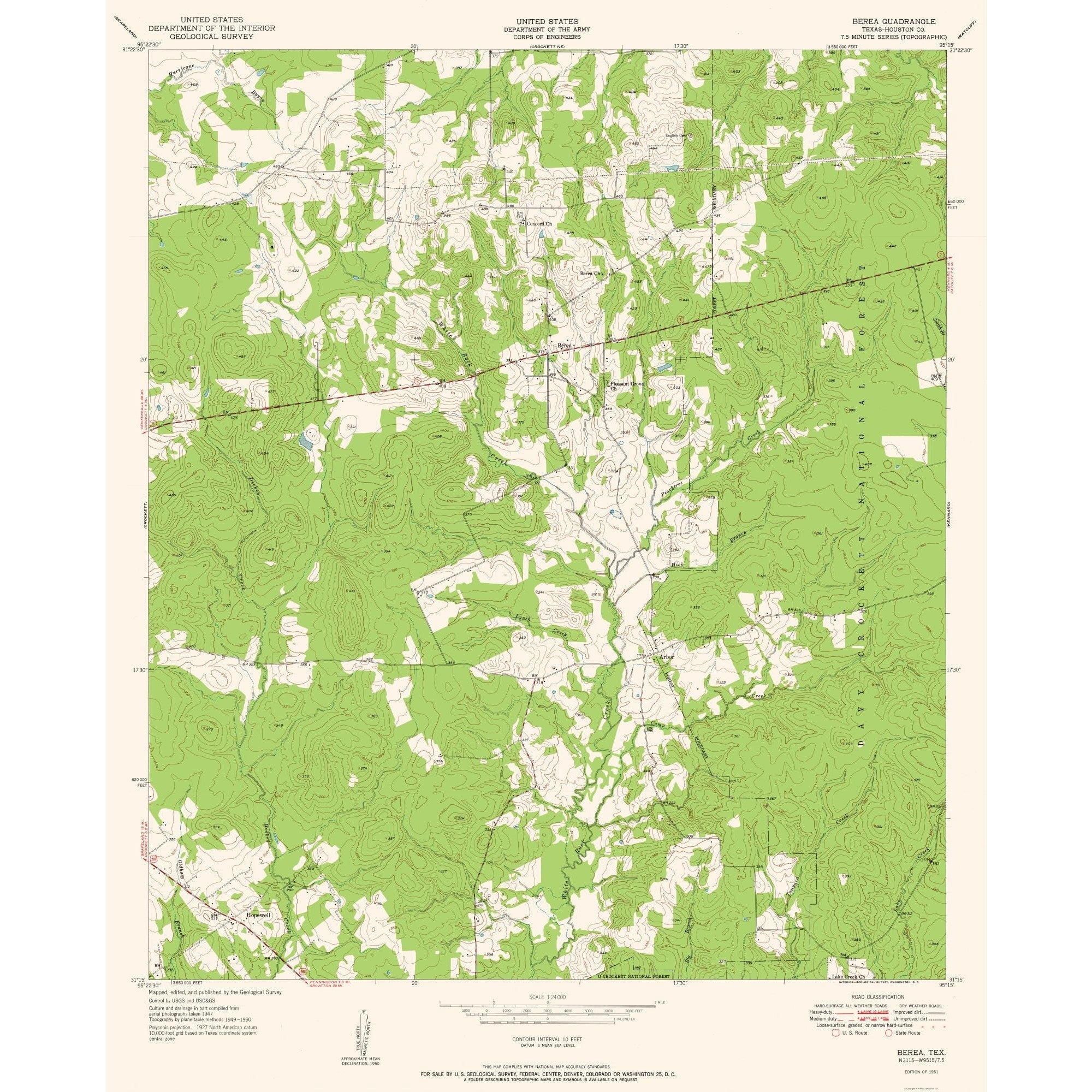 Topographical Map - Berea Texas Quad - USGS 1951 - Vintage Wall Art ...