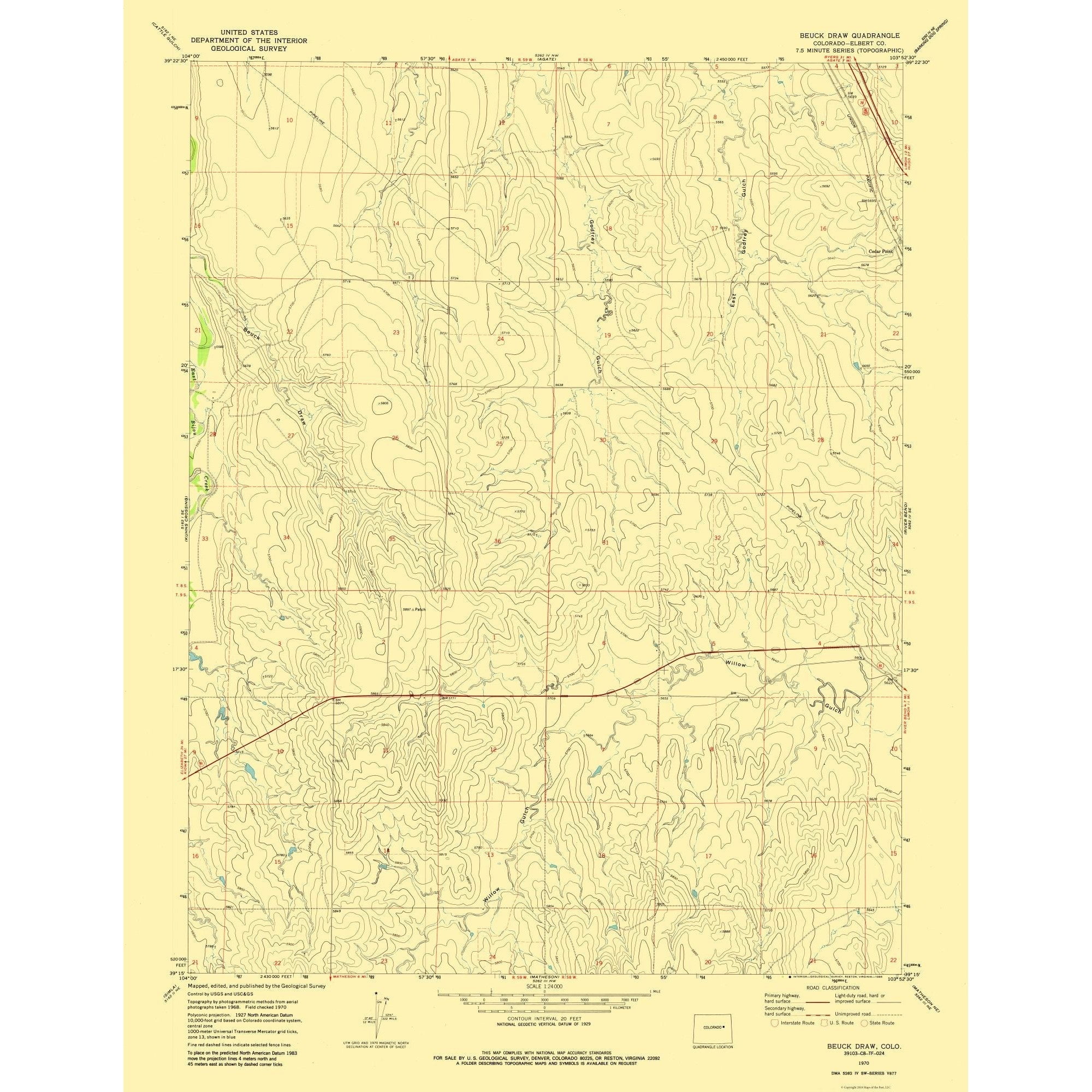 Topographical Map - Beuck Draw Colorado Quad- USGS 1970 - 23 x 29.74 ...