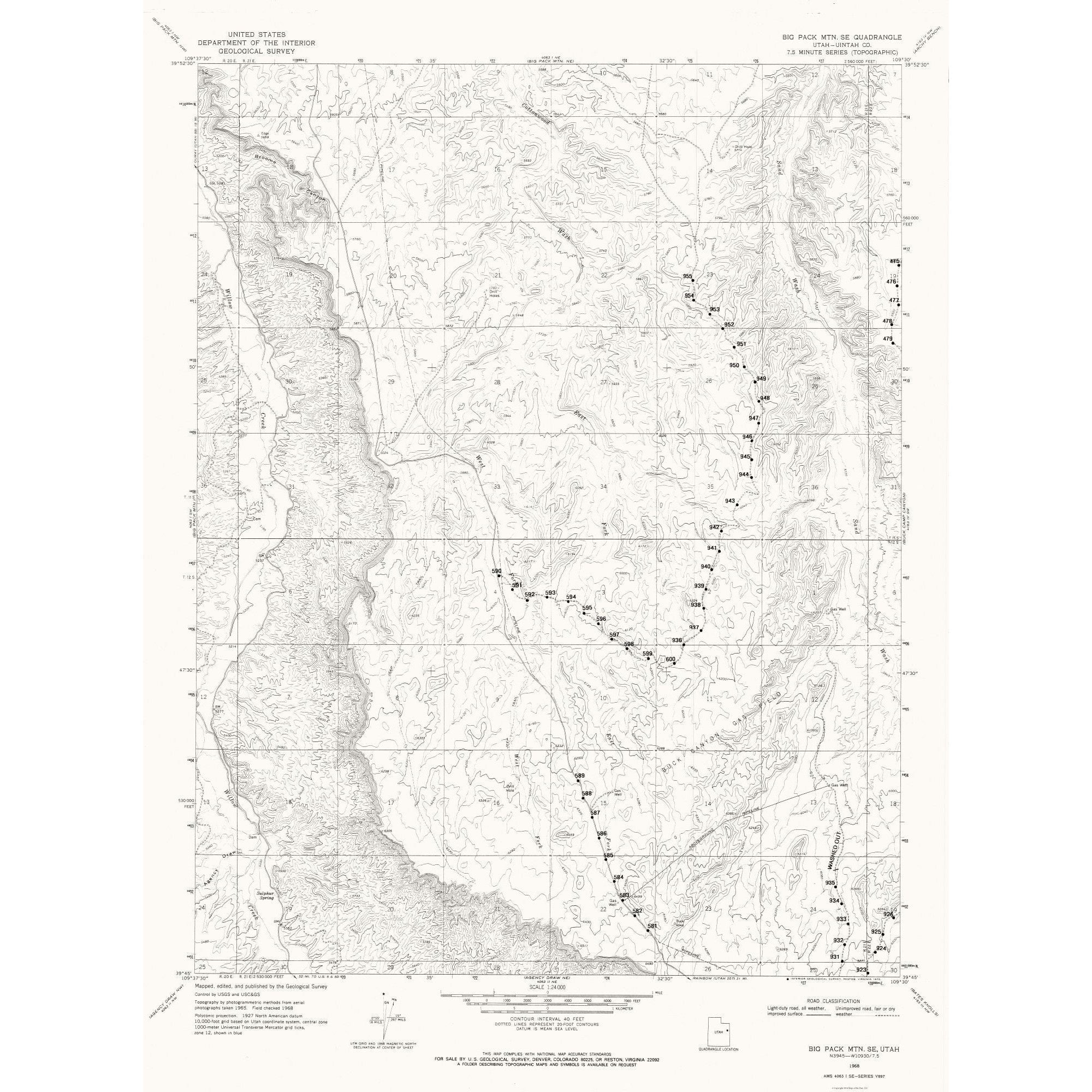 Topographical Map - Big Pack Mountain Utah Quad - USGS 1968 - 23 x 31. ...