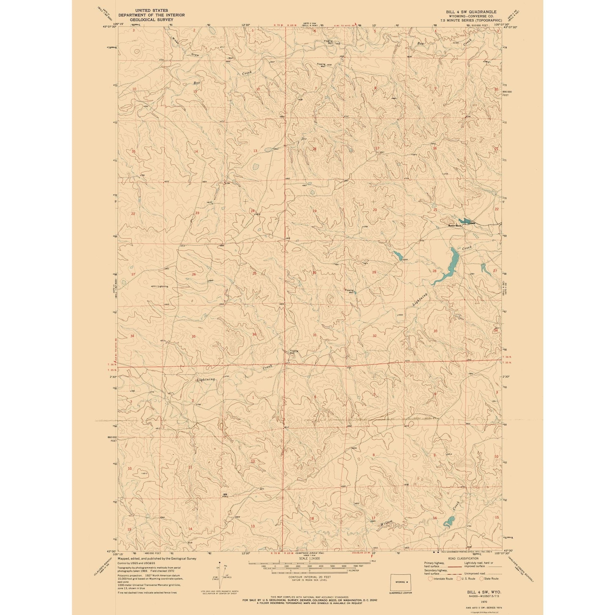 Topographical Map - Bill 4 Converse County Wyoming Quad - USGS 1970 ...