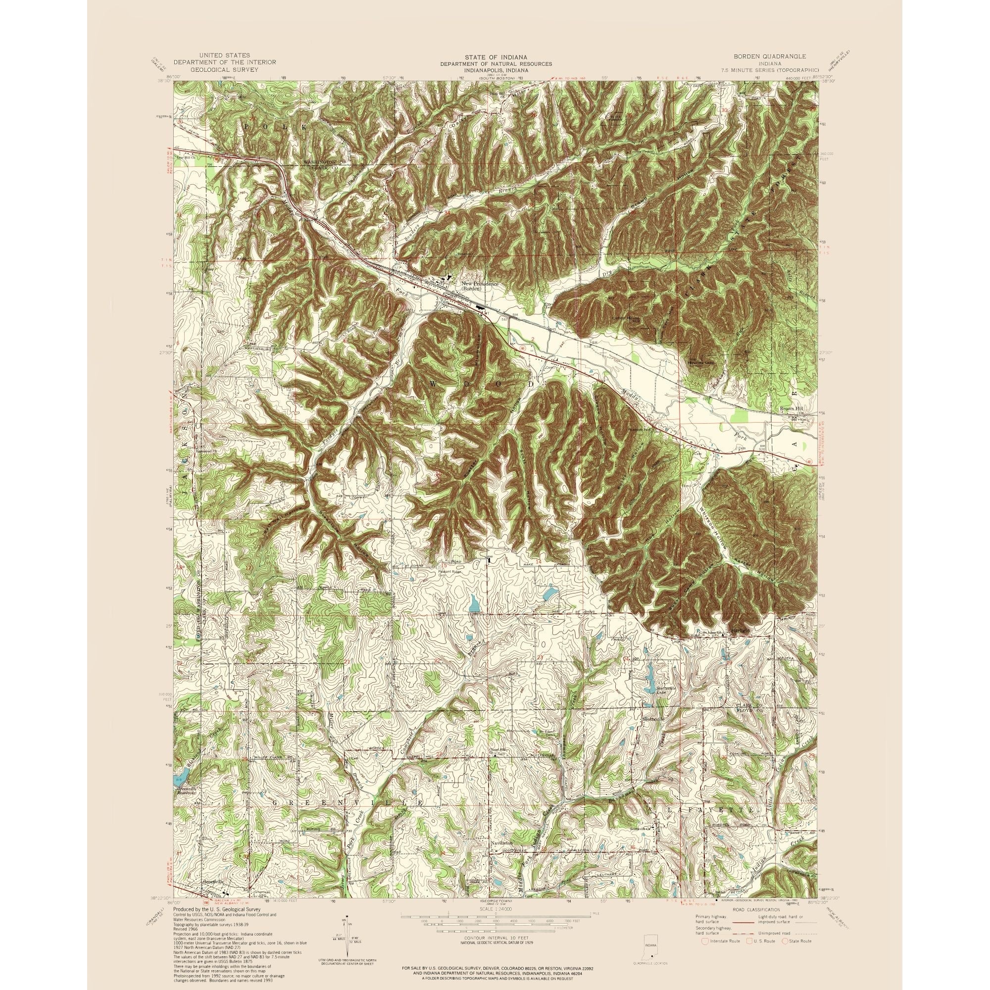Topographical Map - Borden Indiana Quad - USGS 1966 - Vintage Wall Art ...