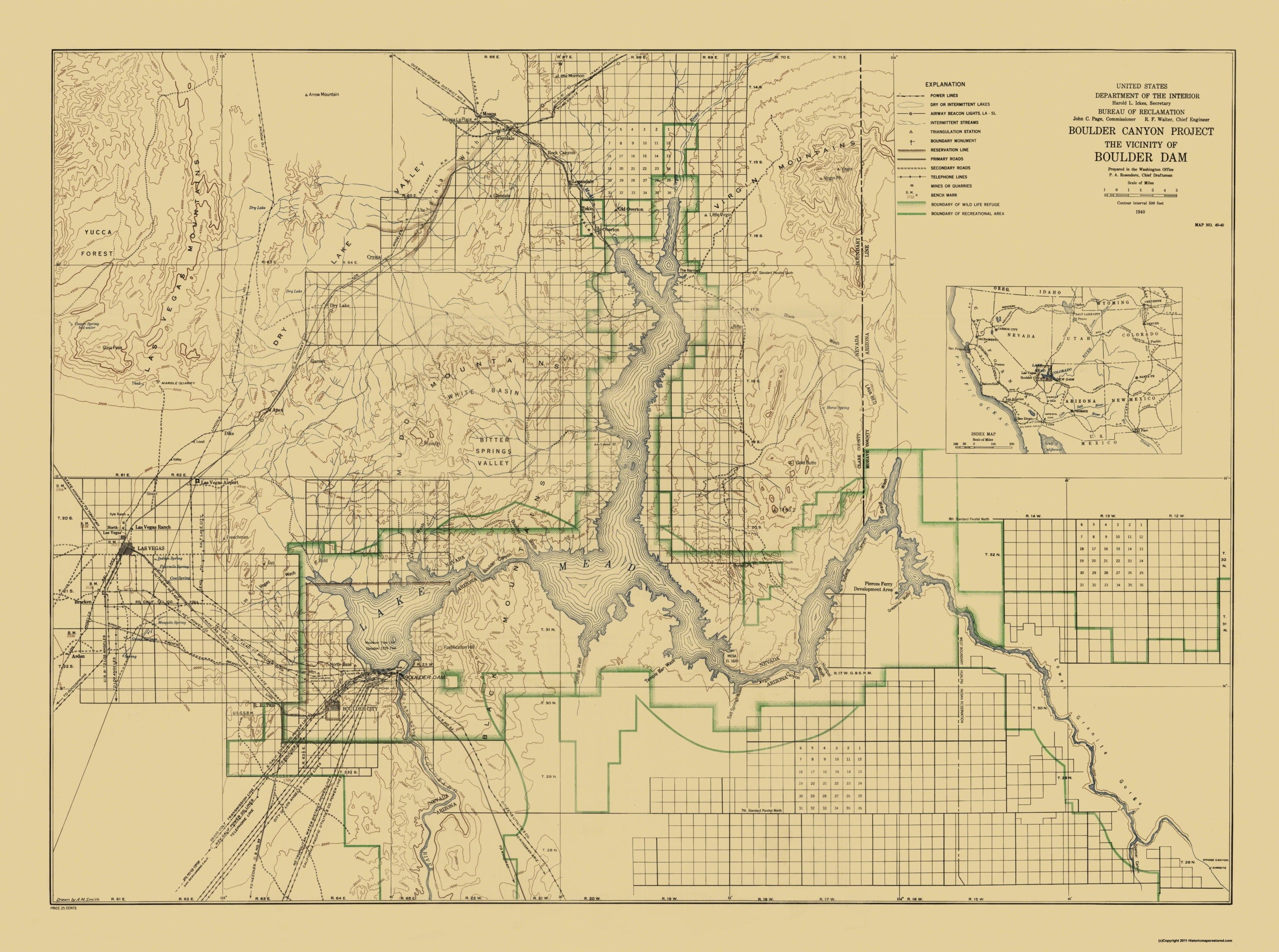 Topographical Map - Boulder Canyon Project Nevada - DOI 1940 - 30.88 x ...