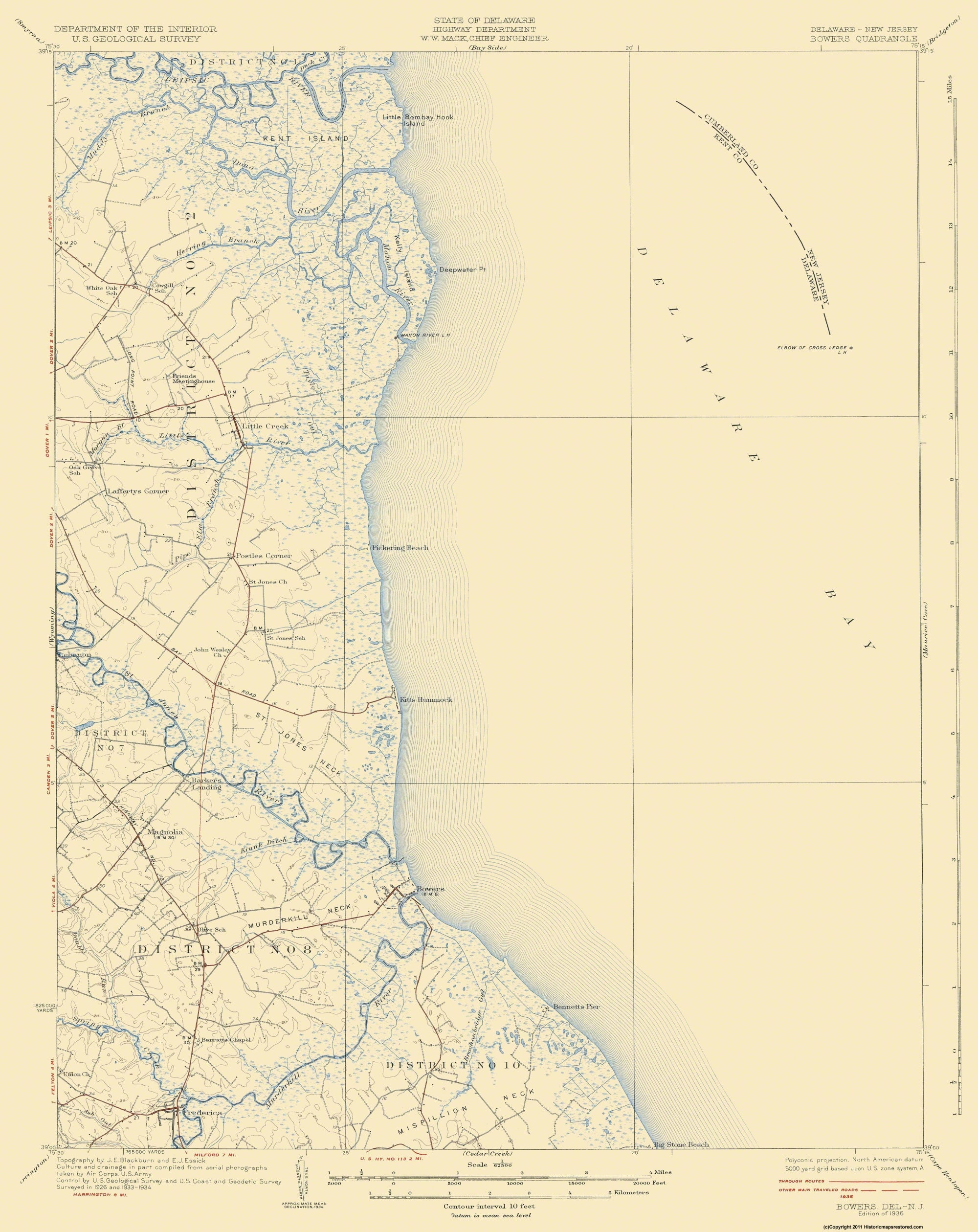 Topographical Map - Bowers Delaware New Jersey Quad - USGS 1936 - 23 x ...