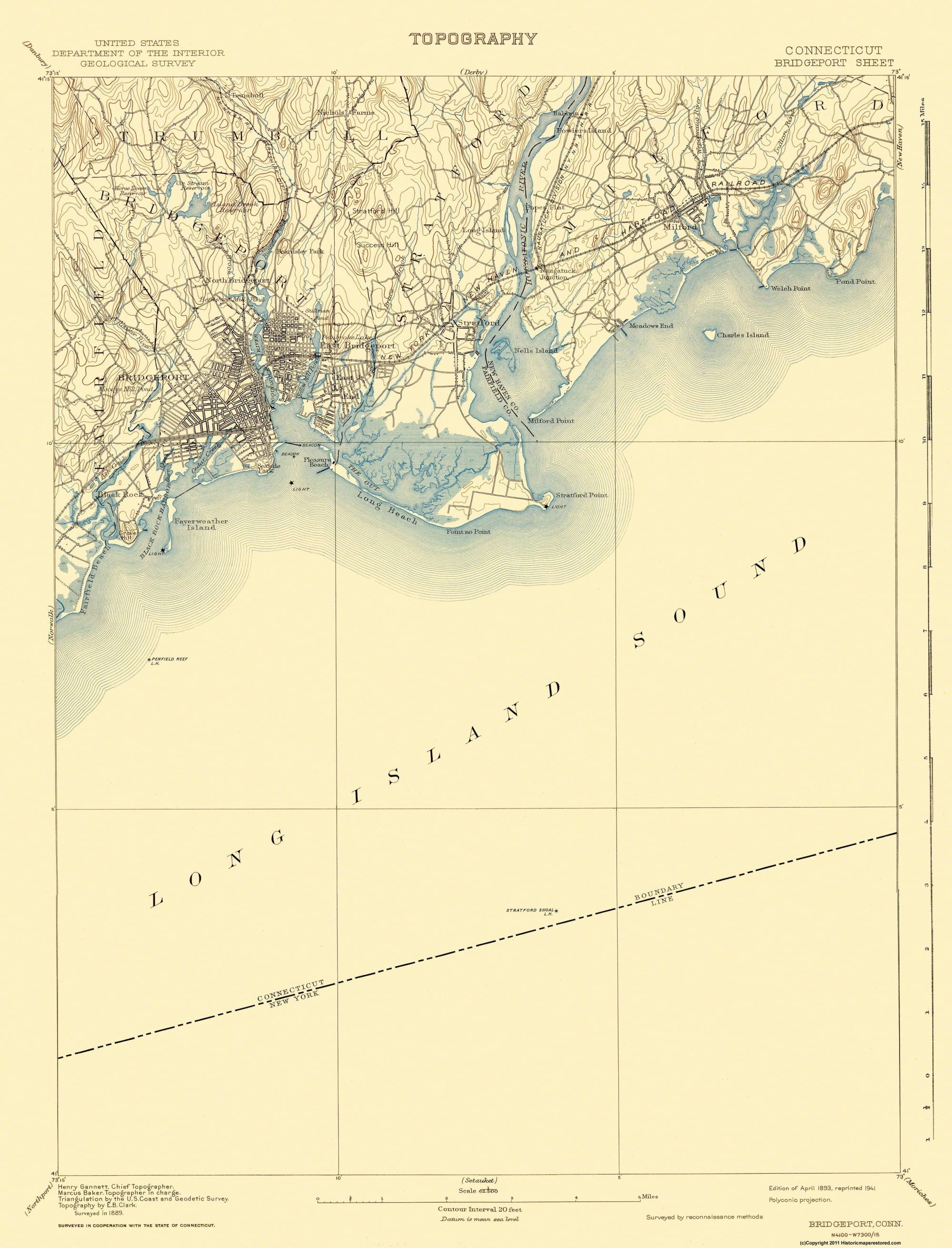 Topographical Map - Bridgeport Connecticut Quad - USGS 1893 - Vintage ...