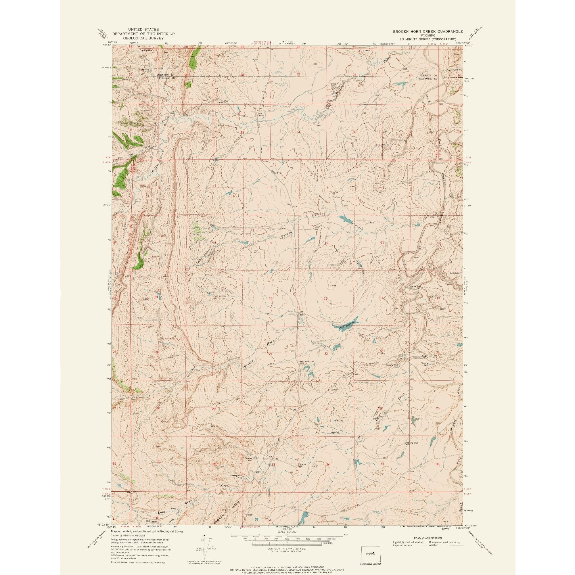 Topographical Map - Broken Horn Creek Wyoming Quad - USGS 1968 - 23 x ...